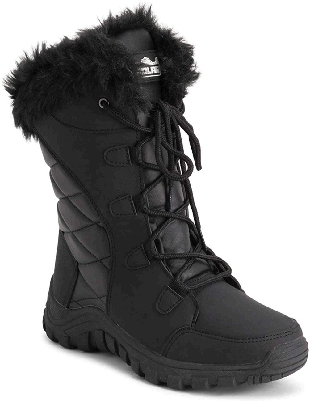 POLAR Womens Quilted Faux Fur Cuff Winter Duck Rubber Sole Durable Snow Rain Outdoor Boots - Black Leather - EU40/US9 - YC0654