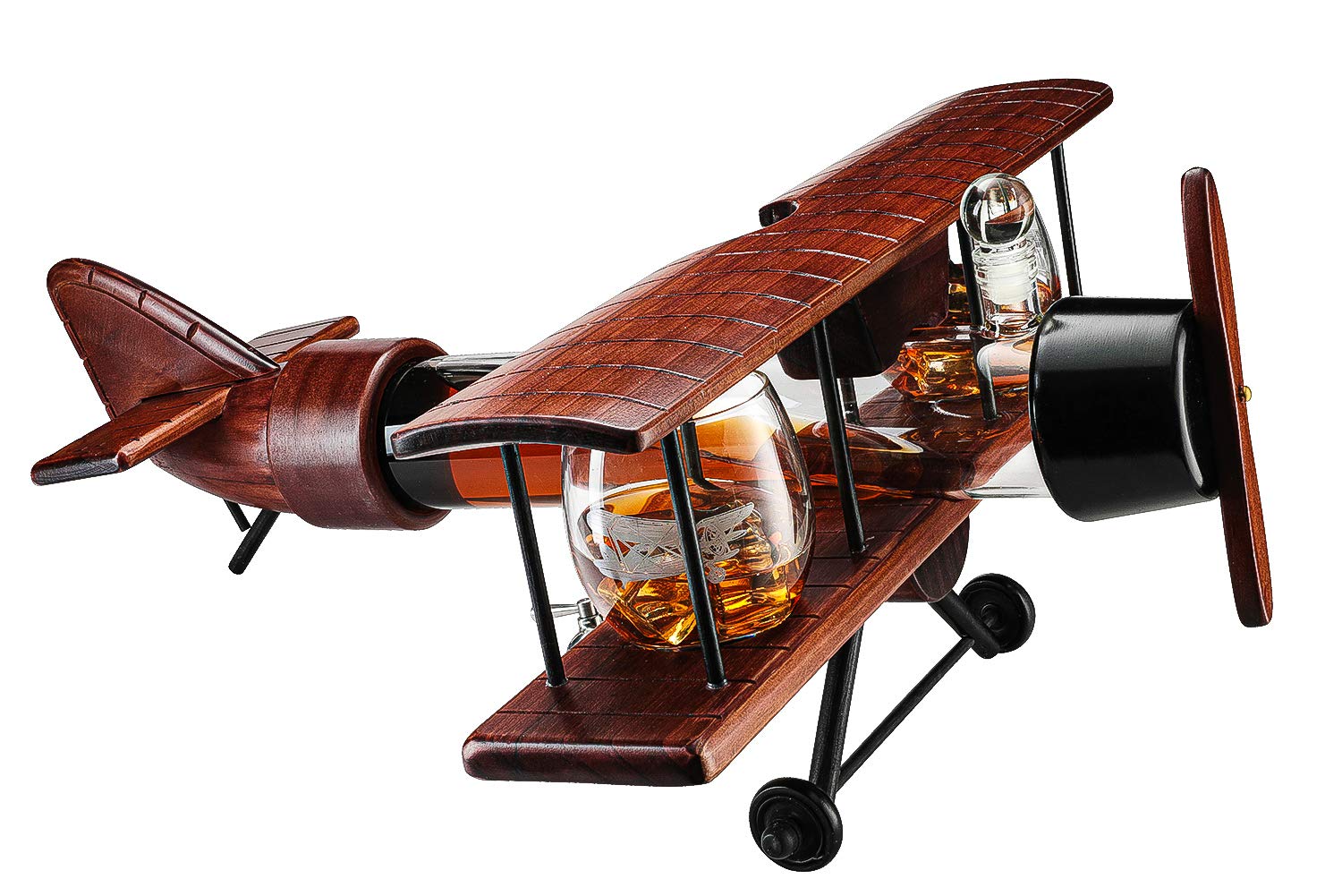 Whiskey & Wine Decanter Airplane Set and Glasses Antique Wood Airplane - The Wine Savant Whiskey Gift Set and 2 Airplane Glasses, Pilot Gift Moving Parts- Alcohol Related Gift, BAR DECOR Large 21"