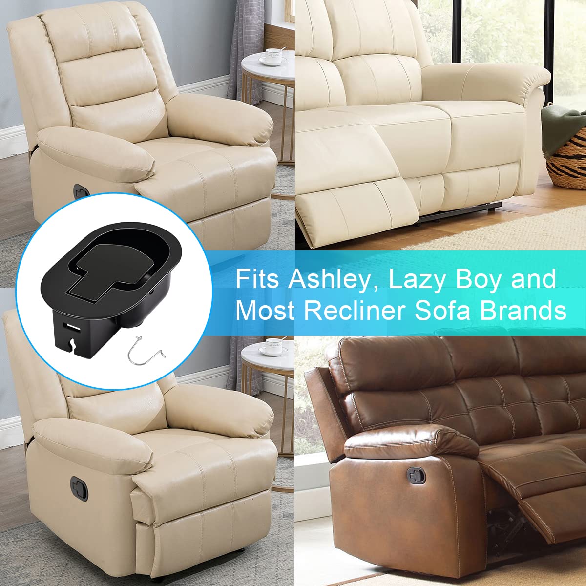 Sopito Recliner Handle Universal All-Metal Couch Recliner Release Pull Handle Replacement Parts with Retaining Clips, Fits Lazyboy, Ashley, and Most Recliner Brands