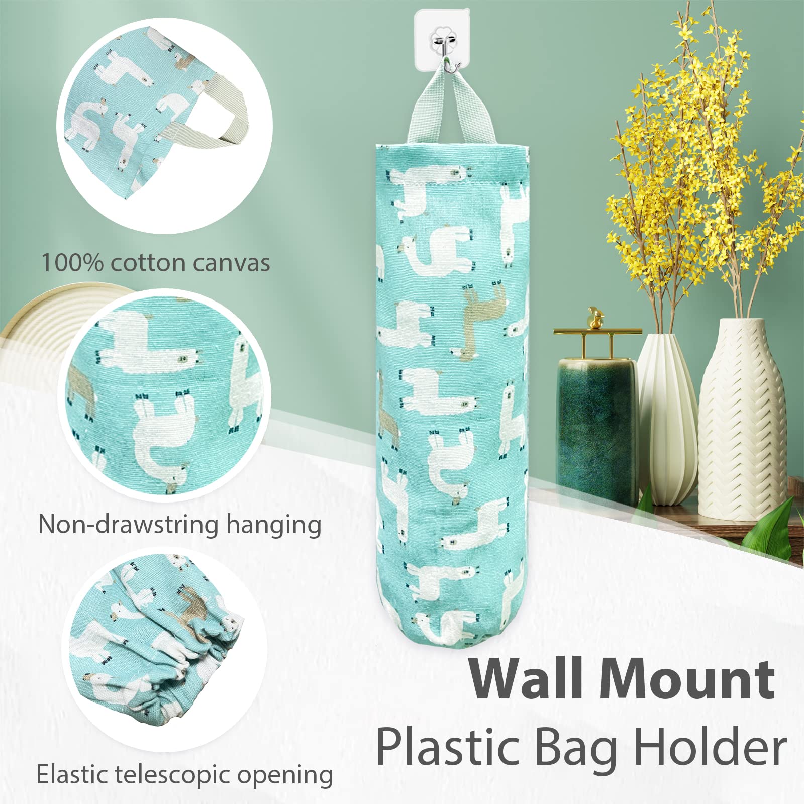 Plastic Bag Holder,Reusable Grocery Bag Holder,Wall Mount Plastic Bag Organizer Shopping Bags Carrier,Washable Large Grocery Bag Storage Dispenser for Home Kitchen Travelling Decor, 1 Pack,Alpaca