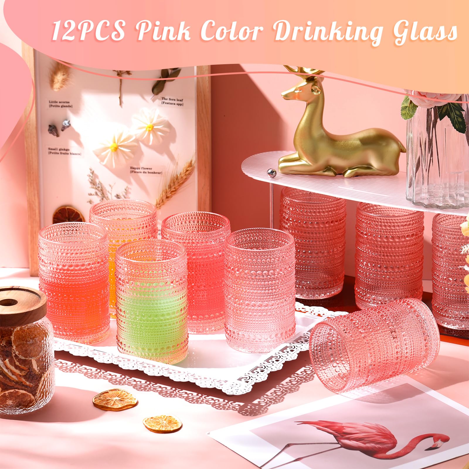 Roshtia 12 Set Pink Hobnail Beaded Drinking Glasses 15 oz Vintage Glassware Old Fashioned Iced Beverage Glasses Textured Cocktail Glasses Embossed Glassware Cups for Juice, Water, Not Dishwasher Safe
