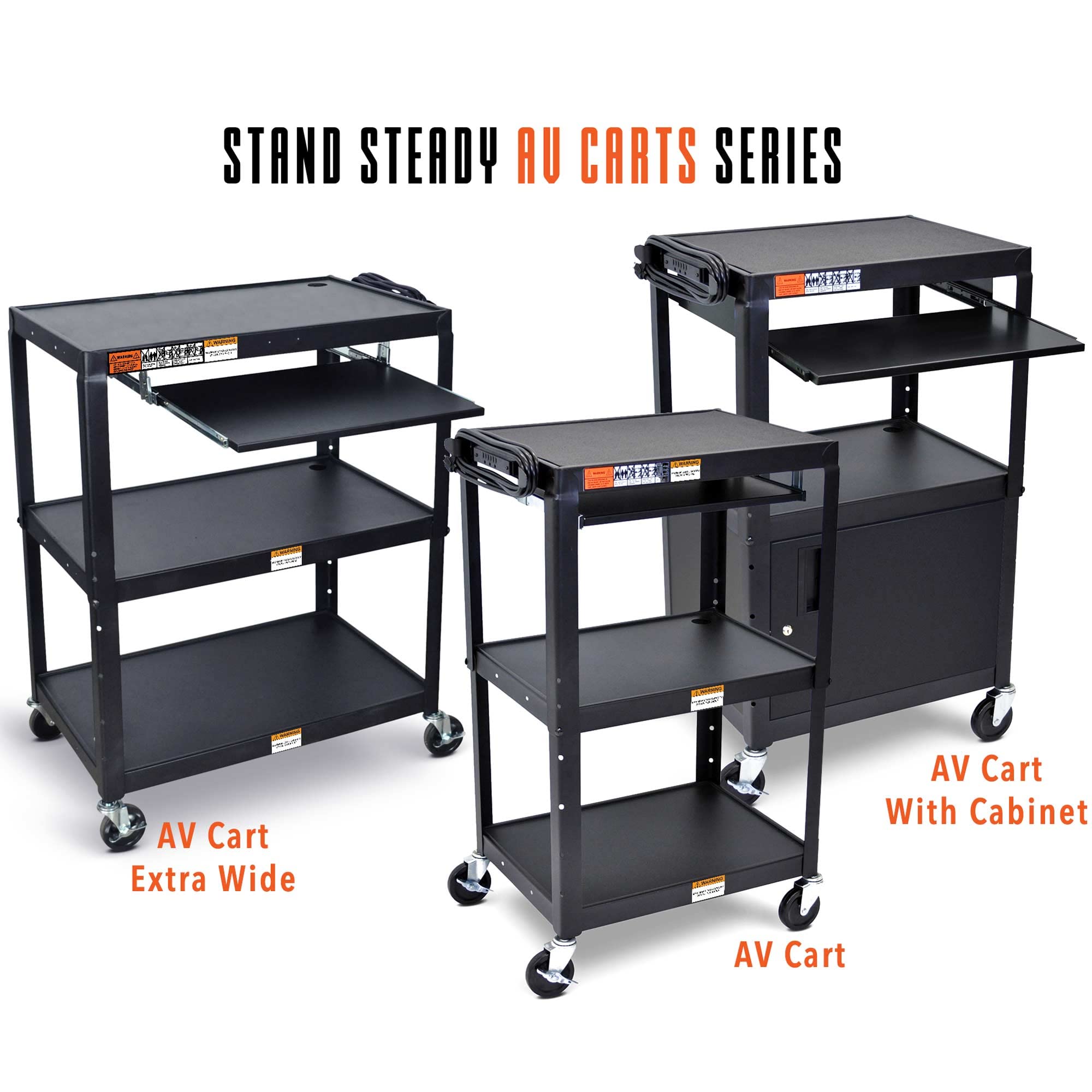Stand Steady Line Leader AV Cart on Wheels | Height Adjustable Top Shelf & Pullout Keyboard Tray | Includes 15 ft Power Cord with Cord Management | Easy Assembly (42in x 24in x 18in / Black)