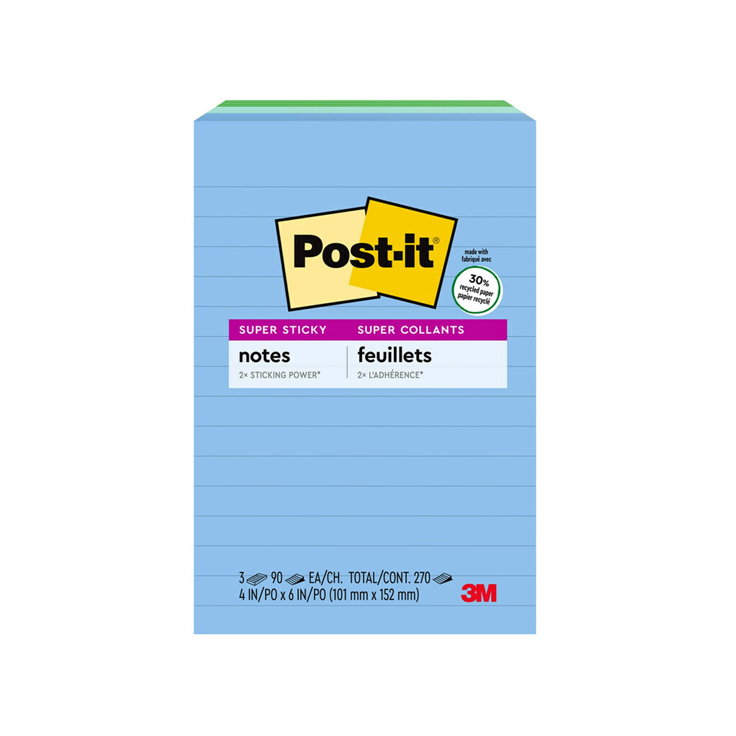 Post-it Super Sticky Recycled Notes, 4x6 in, 3 Pads, 2x the Sticking Power, Poptimistic, Bright Colors, 30% Recycled Paper (660-3SST)