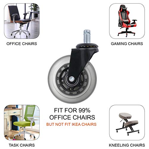 Rollerblade Wheels for Office Chairs, Universal Replacement Casters, Safety for Wood,Carpet All Floors,Noiseless&Heavy Duty 650lbs,Roll Smoothly and Easy Installation for Desk Chair,Gaming chair,3inch