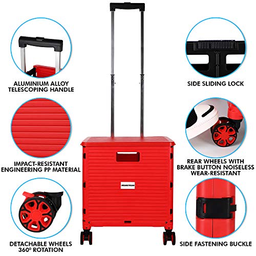 Rolling Cart with Wheels Folding Portable Plastic Crate Foldable Utility Handle Handcart with Lid 4 Wheeled Grocery Storage Heavy Duty Collapsible Mobile Trolley Box for Shopping, Office, Travel