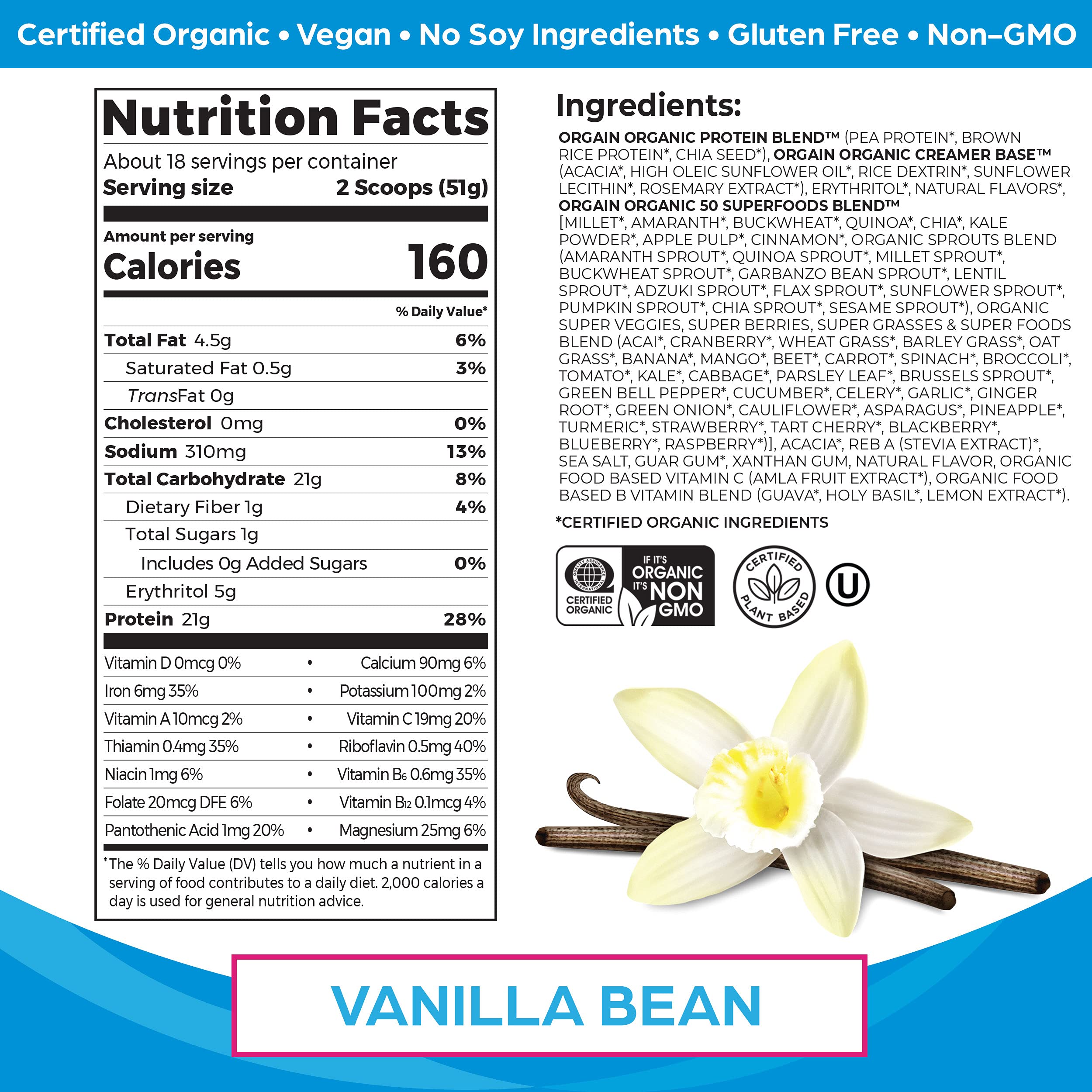 Orgain Organic Vegan & Organic Protein + Superfoods Powders, Vanilla Bean Flavors - Plant Based Protein, Gluten Free