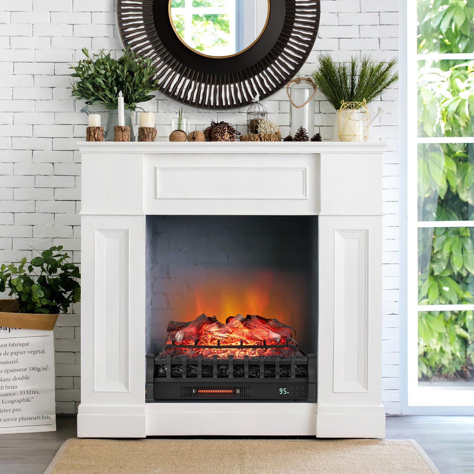Tangkula 26” Electric Fireplace Log Set Heater with Remote, 5 Flame Modes & Brightness, Thermostat Control, 8H Timer, Realistic Lemonwood Ember Bed, Infrared Quartz Electric Fireplace Insert, 1500W