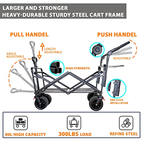 SKYMANOR Collapsible Wagon Folding Garden Cart with Removable Canopy Utility Wagon Cart with All-Terrain Wheels Brake Beach Cart for Sand Heavy Duty Beach Wagon for Camping Shopping (Black)