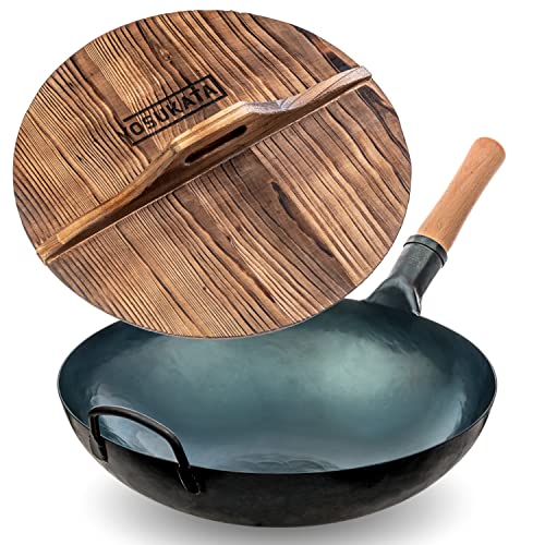 YOSUKATA Blue Round Bottom Wok Pan 14" With Premium Wok Cover 14 inch Pan Lid - Woks and Stir Fry Pans plus Premium Wok Cover - Traditional Chinese Woks with Premium Wok Cover 14 inch Pan Lid