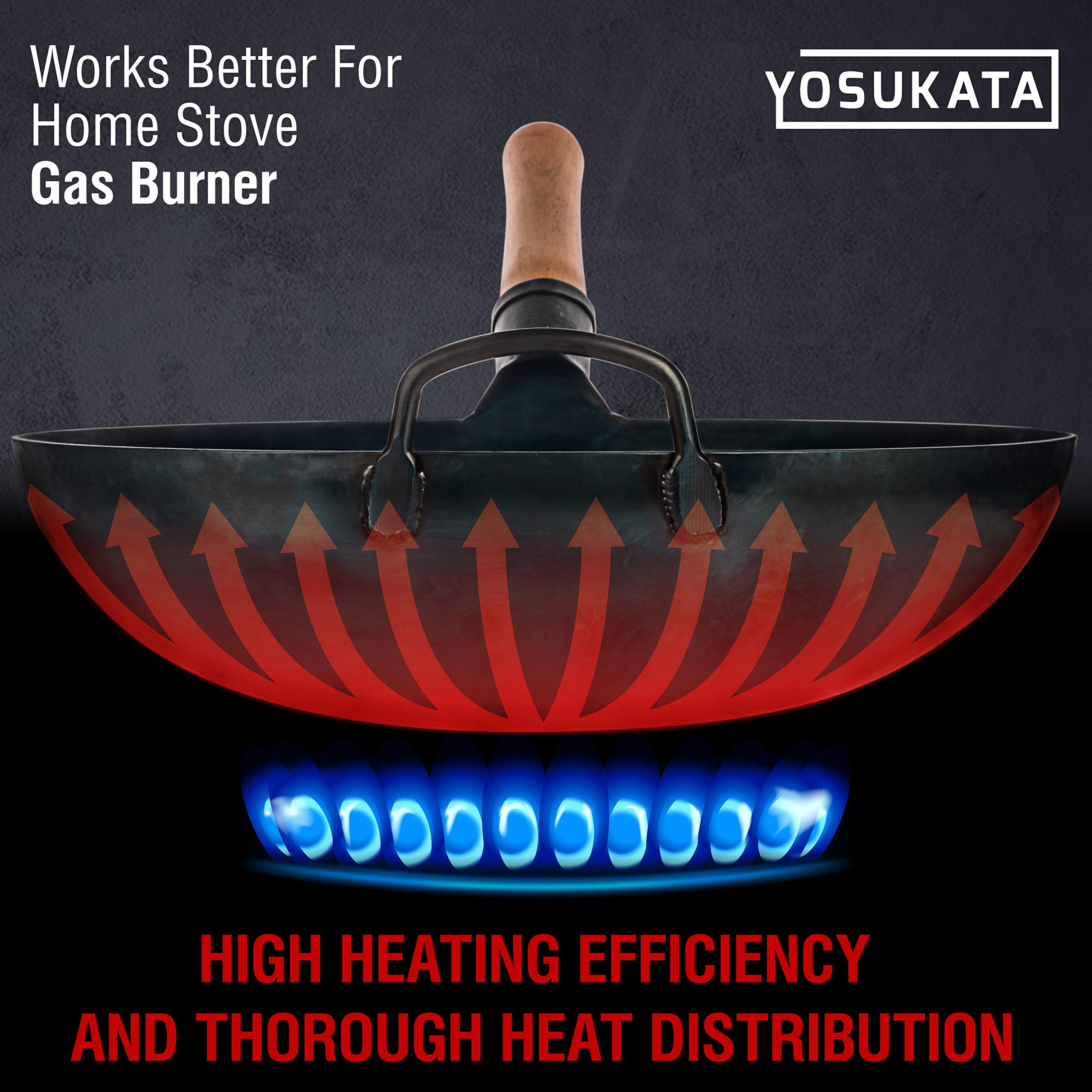 YOSUKATA Blue Round Bottom Wok Pan 14" Wok Lid 13.6 Inch - Premium Stainless Wok Cover with Tempered Glass Insert Steam Holes