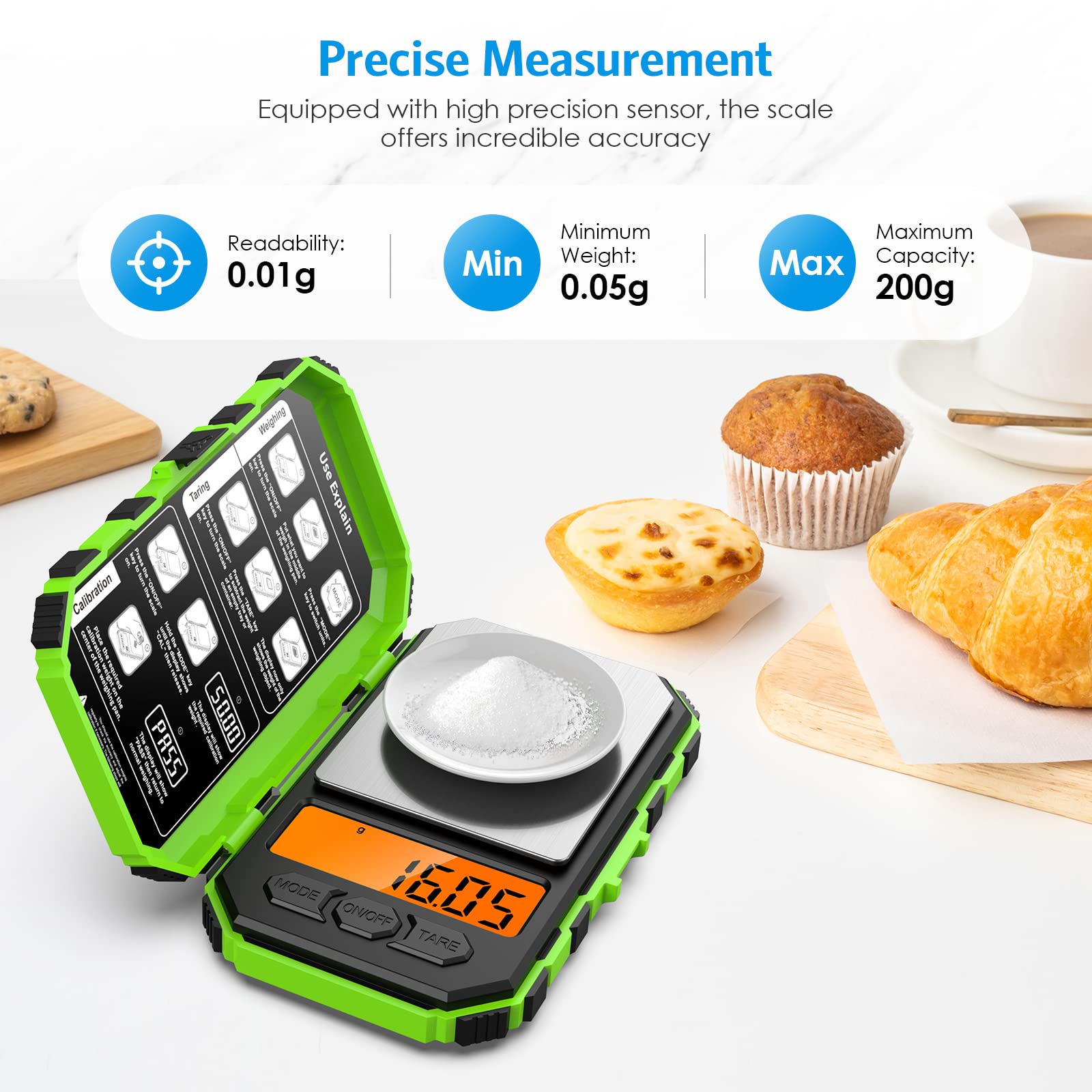 Newest Precision AMIR Pocket Scale 200g/0.01g for Home, Portable Digital Mini Food Scale Jewelry Scale Kitchen Scale Gram Scale Grains Scale, Backlit LCD, Green