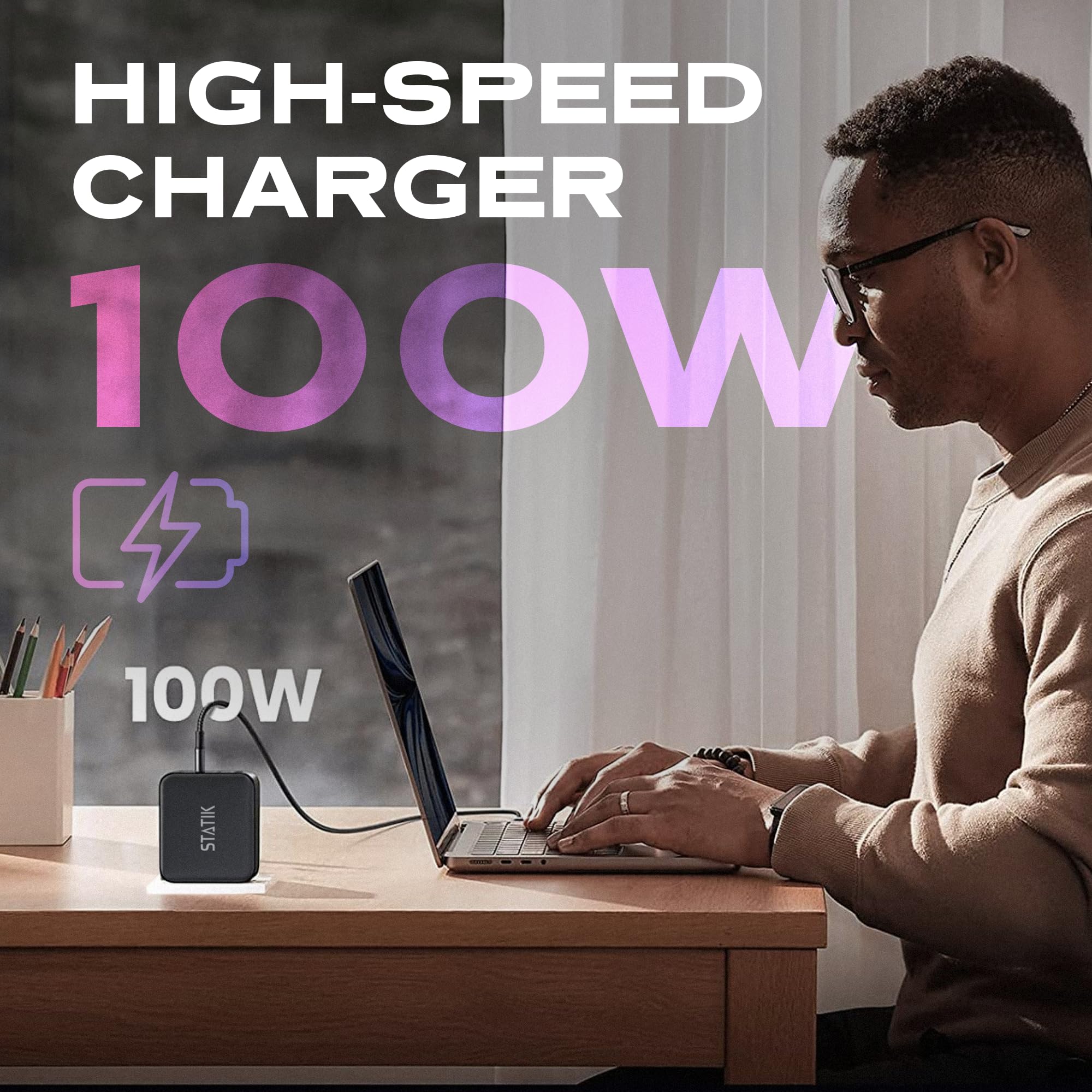 STATIK 100W GaN Charger Super Fast Charger Block USB C - 3 Ports Wall Charger Block Type C Plug Adapter, High-Speed Power Compatible with MacBook Pro Air, iPhone, Samsung, Laptop Chargers & adapters