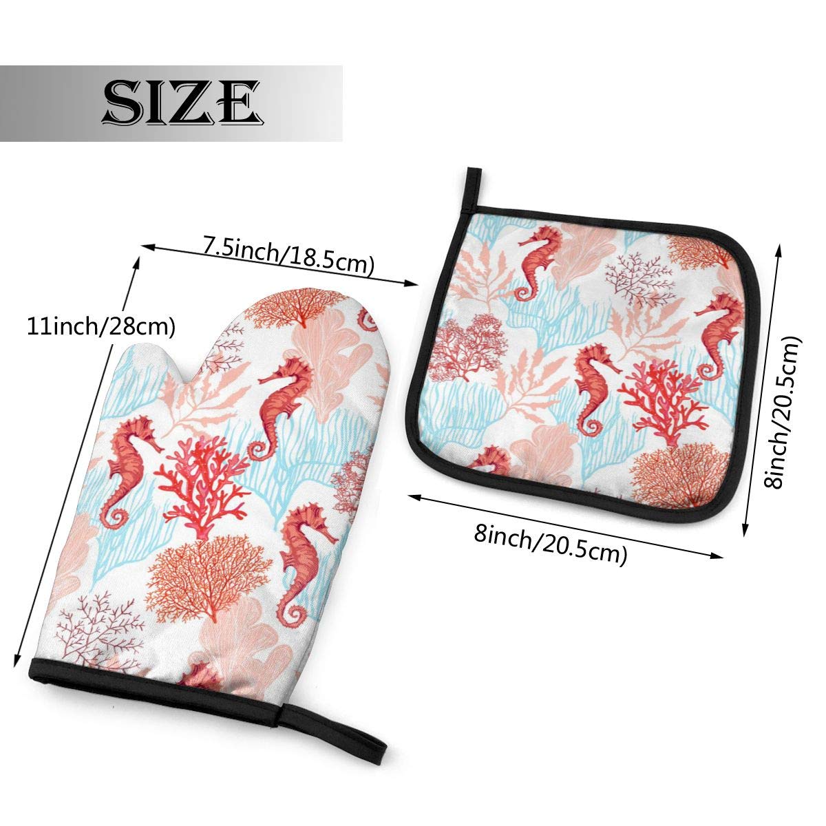VunKo Sea Horse Oven Mitts and Pot Holders Sets Heat Resistant Coral Oven Gloves with Non-Slip Surface for Safe BBQ Cooking Baking Grilling Set of 2