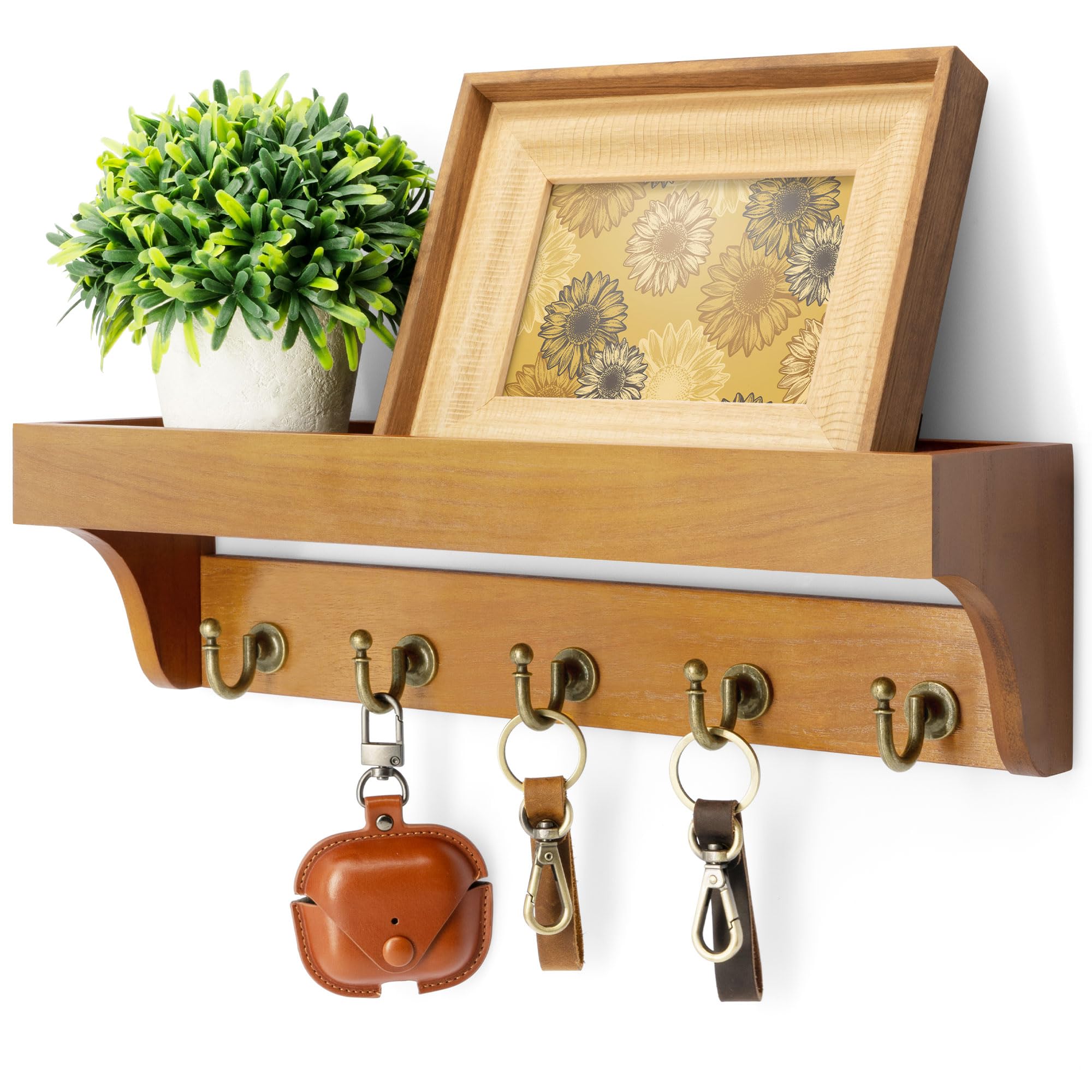 Rebee Vision Decorative Key Holder for Wall with Shelf: Farmhouse Mail Rack with 5 Sturdy Key Hooks for Home Decor, Apartment, Entryway and Hallway (Light Brown)