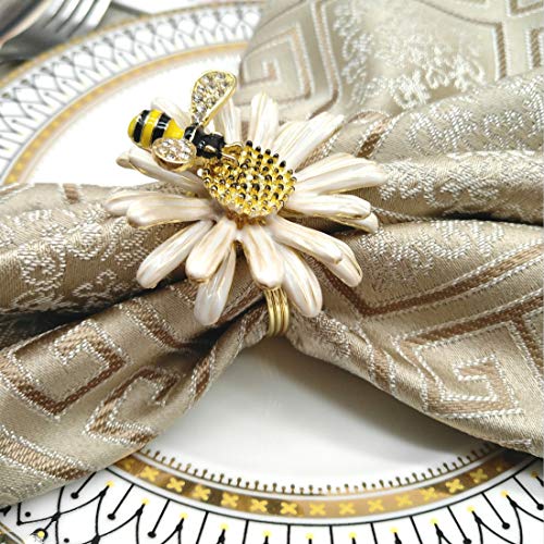 SCTD Daisy Flower Napkin Rings - Set of 6 Metal Bee Napkin Holders for Wedding Party and Daily Use, a Beautiful Complement to Your Dinner Table Décor (White)