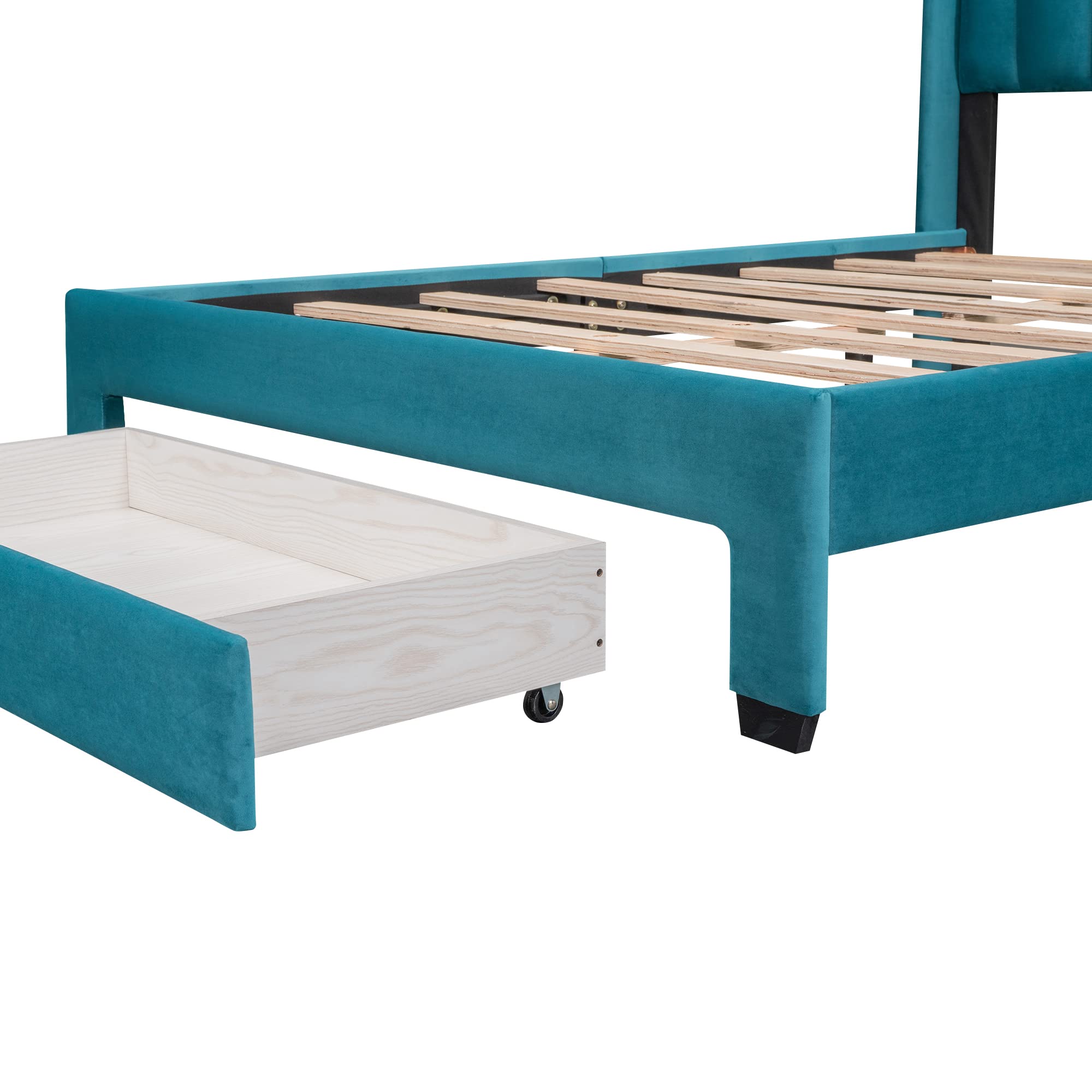 Prohon Full Size Platform Bed with Classic Vertical Stripes Headboard, Upholstered Wingback Backrest Storage Bed Frame w/A Big Storage Drawers on Endbed, Wood Slats Support Mattress Foundation, Blue