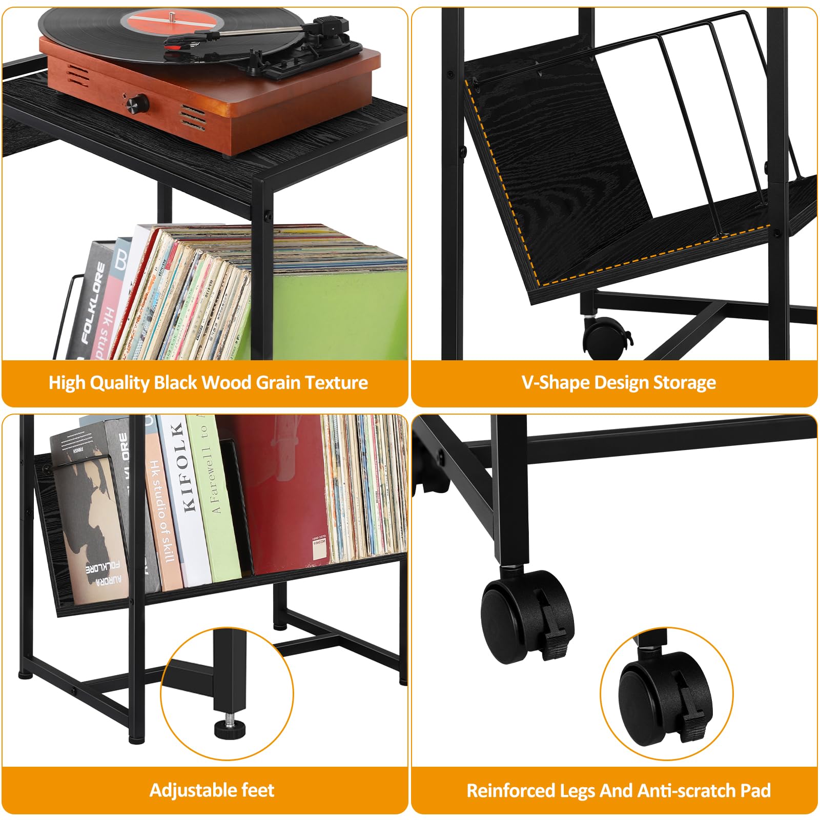 Record Player Stand with Charging Station, 2 Tier Record Player Table with 3 Quick-Release Divider, Vinyl Record Stand Storage with 4 Wheels, Turntable Stand for Bedroom Living Room and Office(Rustic Brown)