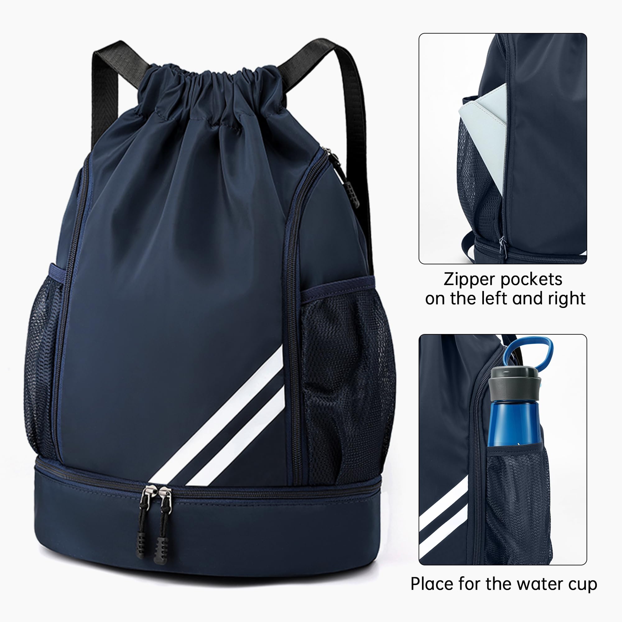 neyrat Water Resistant Sport Drawstring Backpack Gym Draw String Back Bag with Shoes Compartment for Men Women Children (Navy Blue)