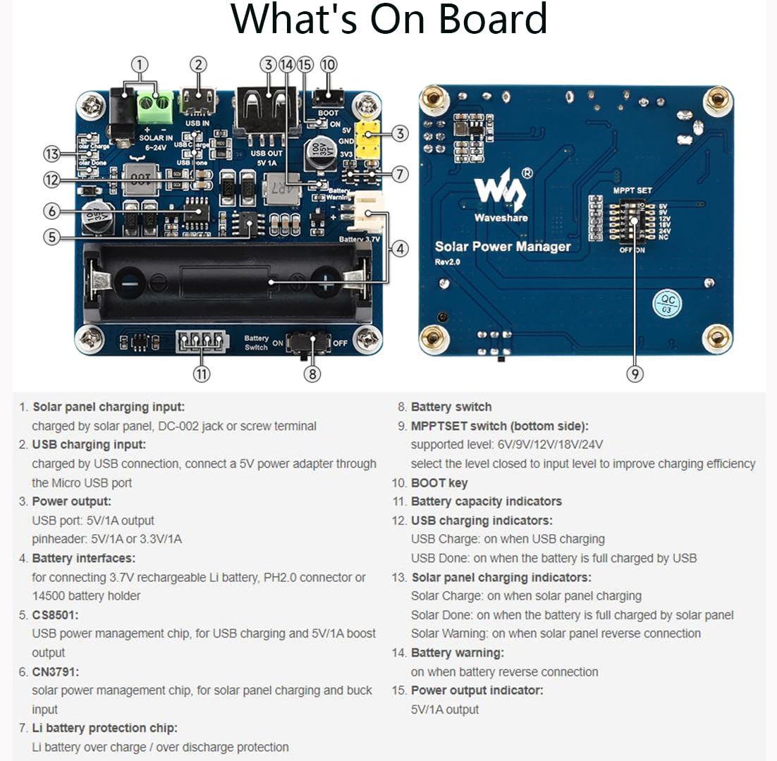 Recharged Solar Power Management Module for 6V~24V Solar Panel, Support Solar Panels, Or USB Power Adapter Battery Charging, 5V/1A or 3.3V/1A Regulated Output