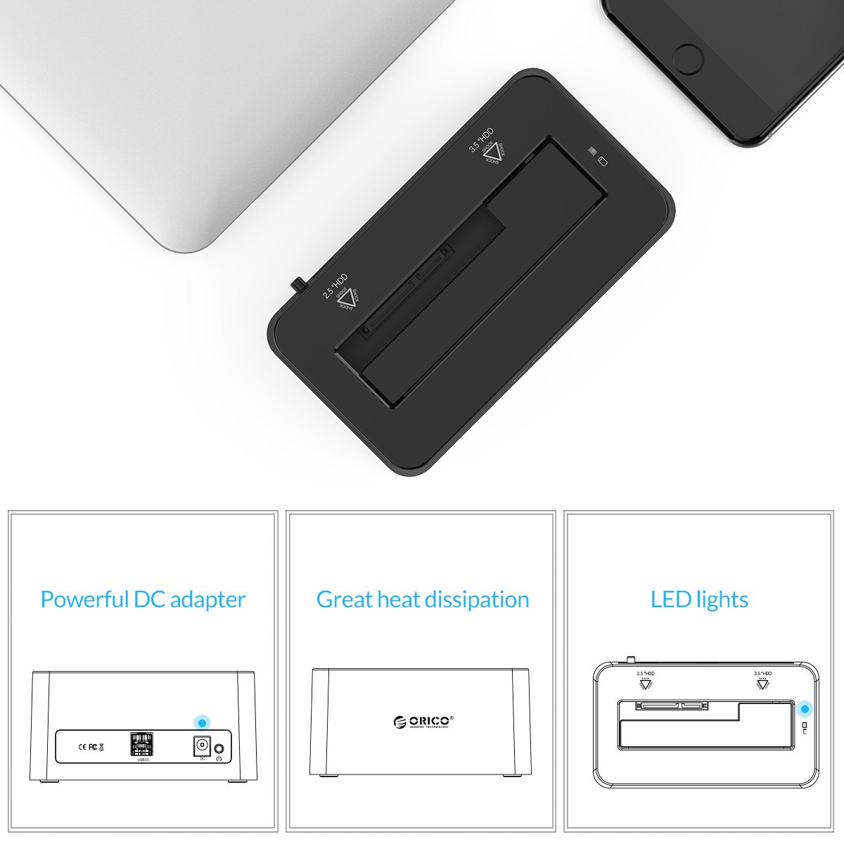 ORICO External Hard Drive Docking Station 3.5 USB 3.0 to SATA Dock Plug and Play Up to 12TB for 3.5''/2.5'' HDD SSD Support UASP with 3.3Ft USB Cable -6619US3