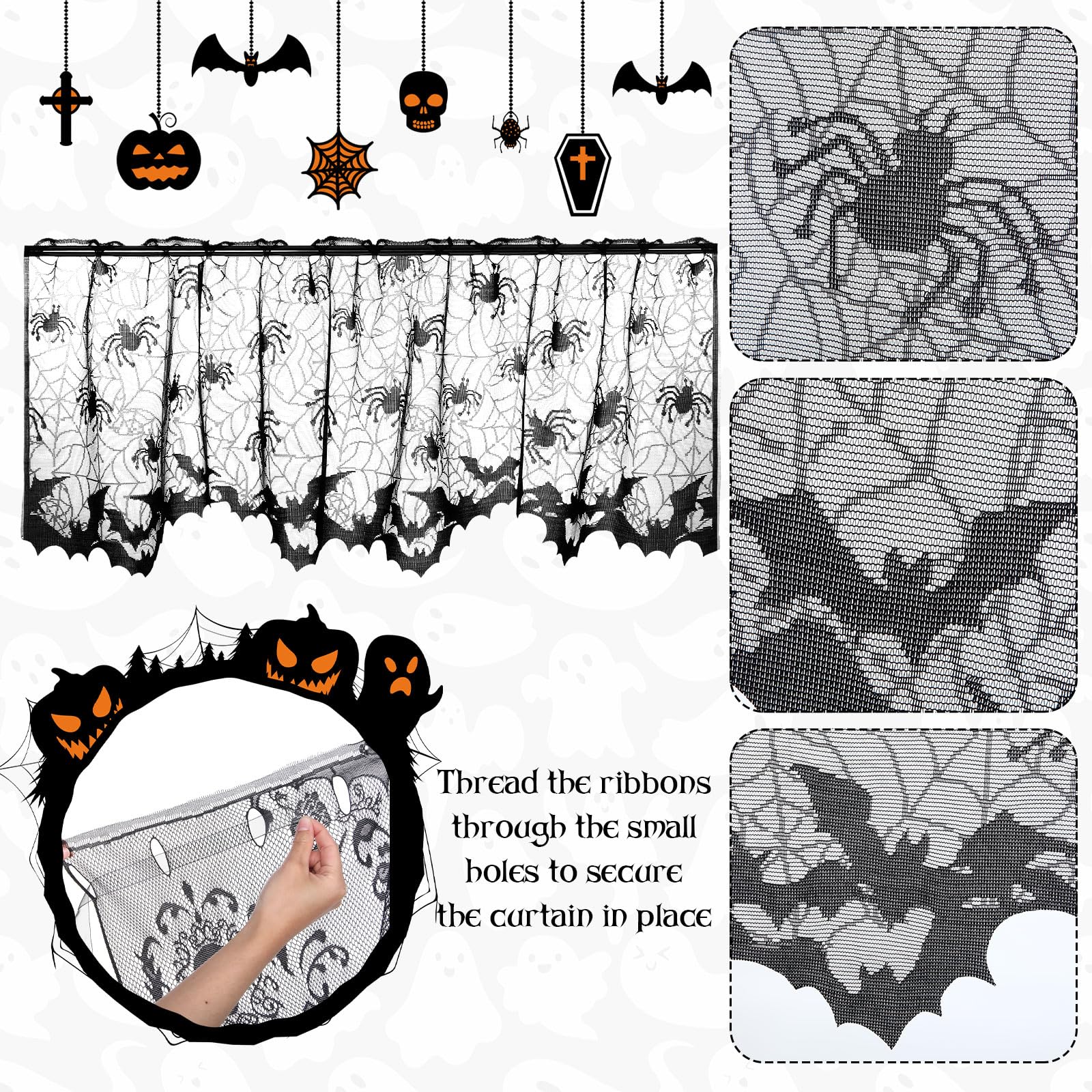 Preboun 4 Pcs Halloween Goth Valance Curtains Kitchen Decor Black Lace Skull Bat Gothic Spooky Witchy Short Shower Curtains Room Decoration for Halloween Party Supply
