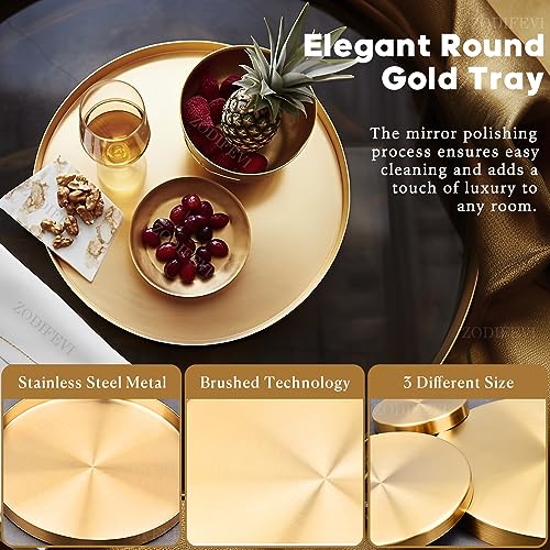 ZODIFEVI Gold Round Trays, 12 Inch Large Round Gold Serving Tray, Gold Tray Decorative, Gold Serving Tray, Decorative Tray for Jewelry, Makeup, Candle, Toiletry, Kitchen Tableware, Bar, Cafe (Large)