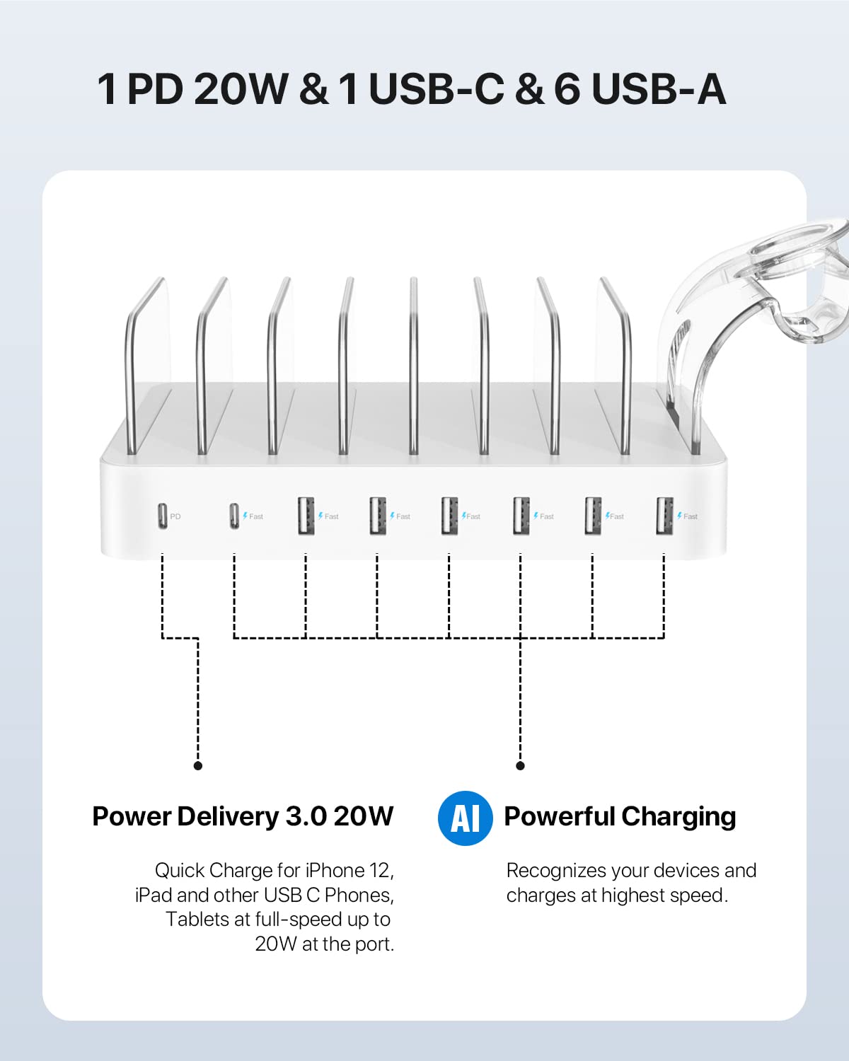 SooPii 8-Port USB-C Charging Station for Multiple Devices, with 1 PD 20W Port Supports Fast Charging, 8pcs Mixed Charging Cables and 1pcs Upgraded Holder for lWatch Charger & Air-Pods, White