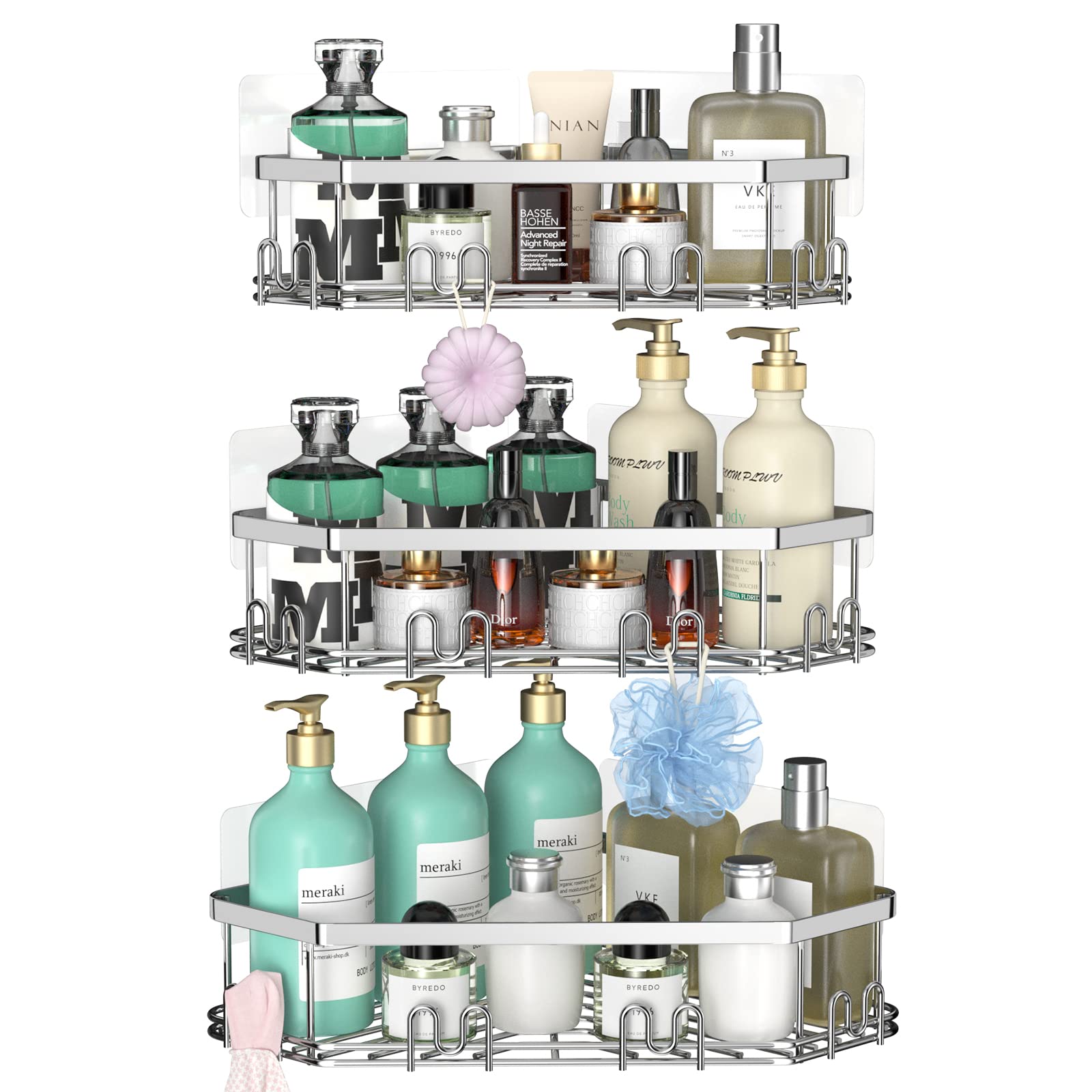 STEUGO Corner Shower Caddy, Shower Organizer Corner Shower Shelf with 12 Hooks,3-Pack Adhesive Stainless Steel Shower Shelves for Bathroom Storage,No Drilling Wall Mounted Shower Rack (Silver)