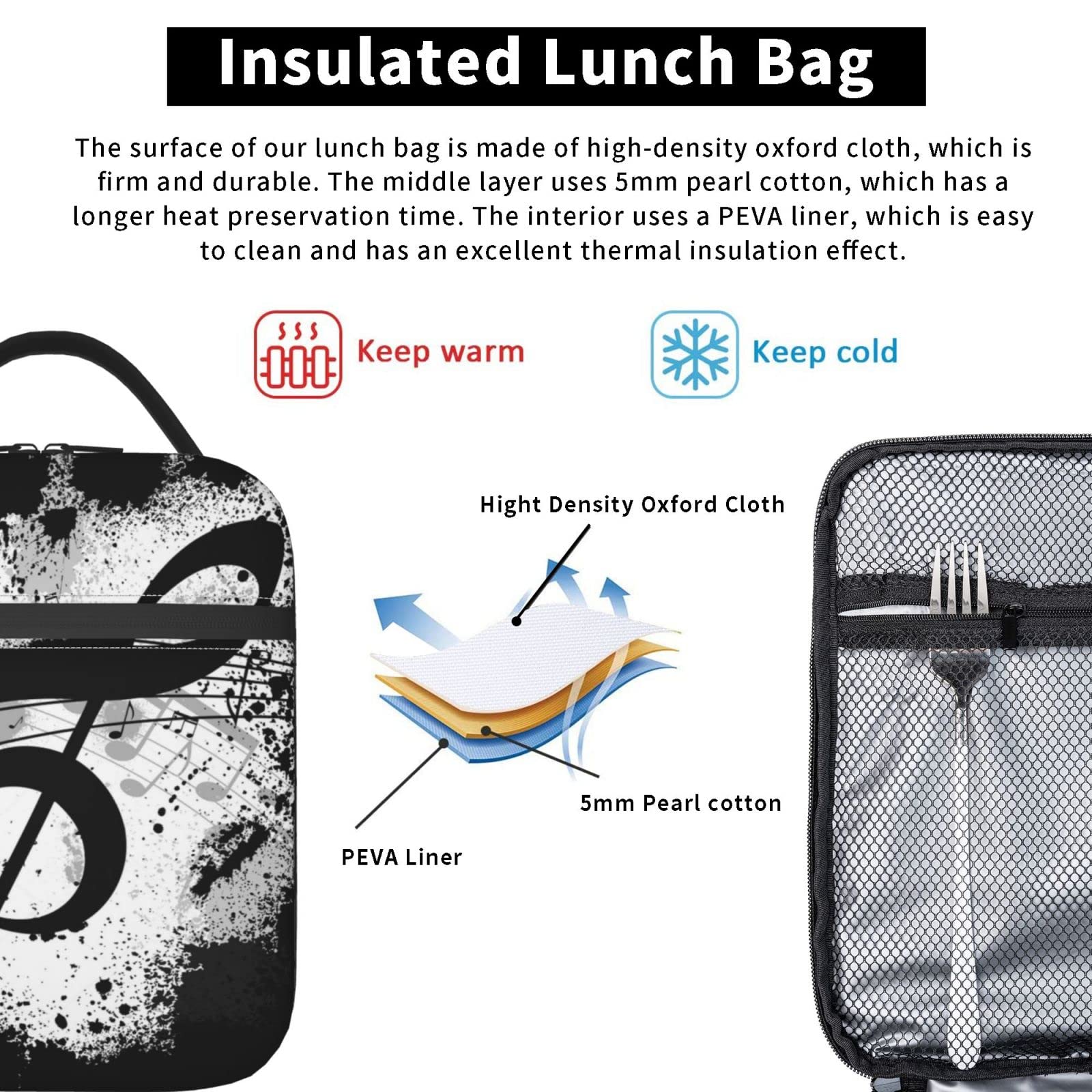 PATNPRT Music Note Insulated Lunch Box Reusable Lunch Bag with Side Pocket for Men Office Work Picnic Travel