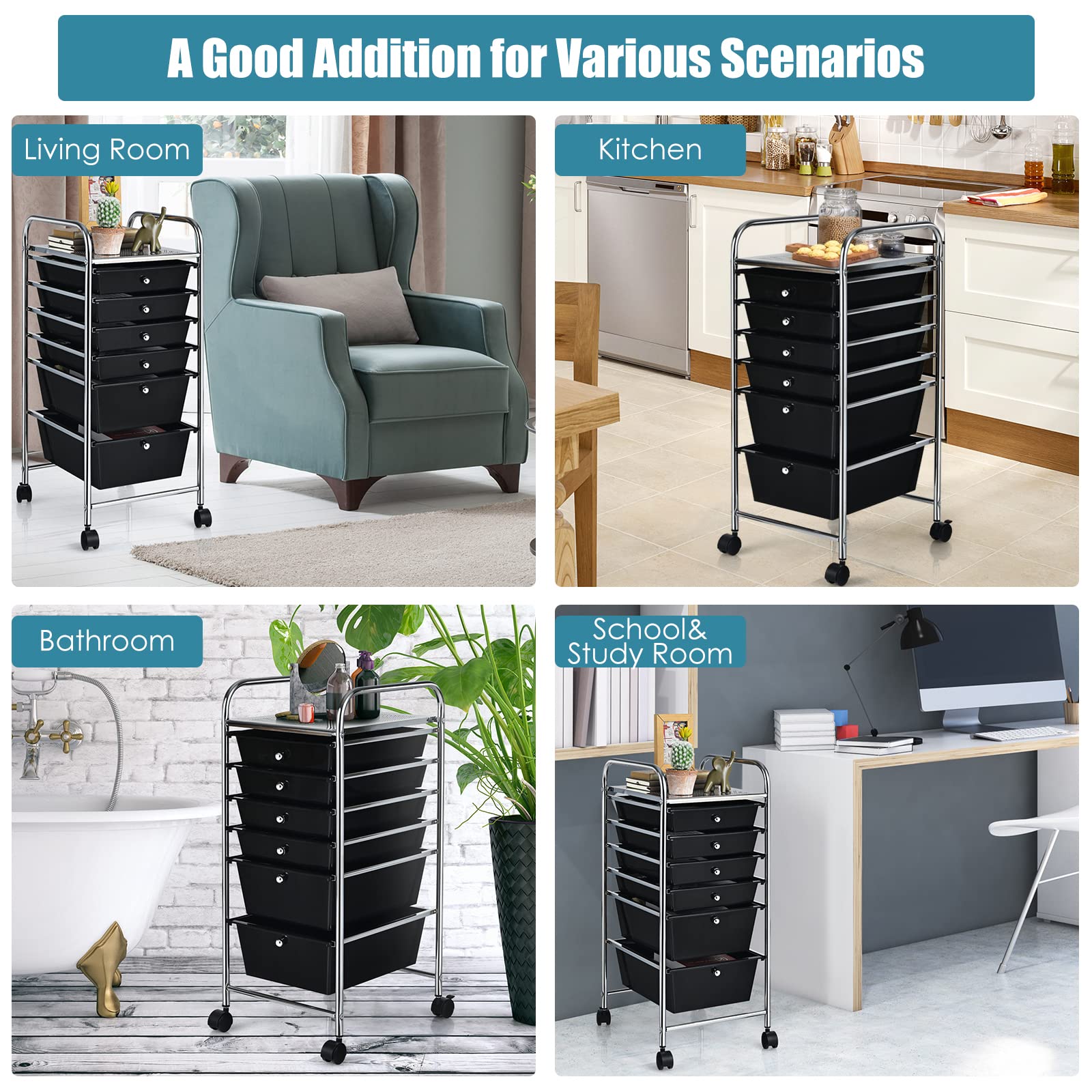 SILKYDRY 6-Drawer Rolling Storage Cart, Multipurpose Utility Drawers Cart with Wheels, Removable Drawers for Craft Scrapbook Tool Paper, Art Organizers and Storage for Home Office School (Black)