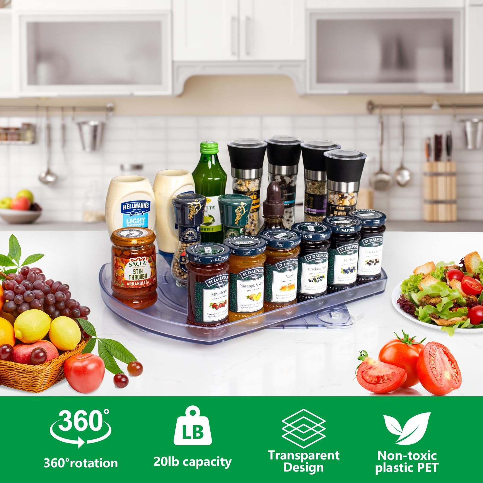 Rectangular Lazy Susan for Fridge, Clear Turntable Lazy Susan Organizer, Square Lazy Susan for Refrigerator Cabinet Kitchen Countertop to Store Condiments Beverages