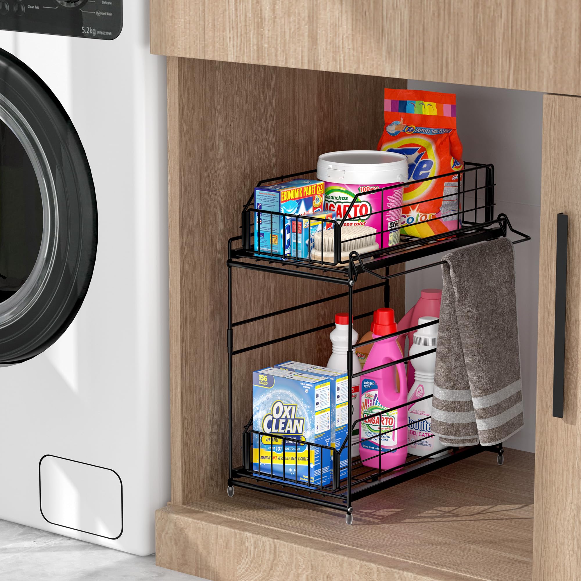 SUEH DESIGN Under Sink Organizers and Storage, 2 Tier Pull Out Cabinet Organizer Sliding Under Sink Storage Shelf with Hanging Rail for Kitchen Bathroom Cabinet Storage, 1 Pack