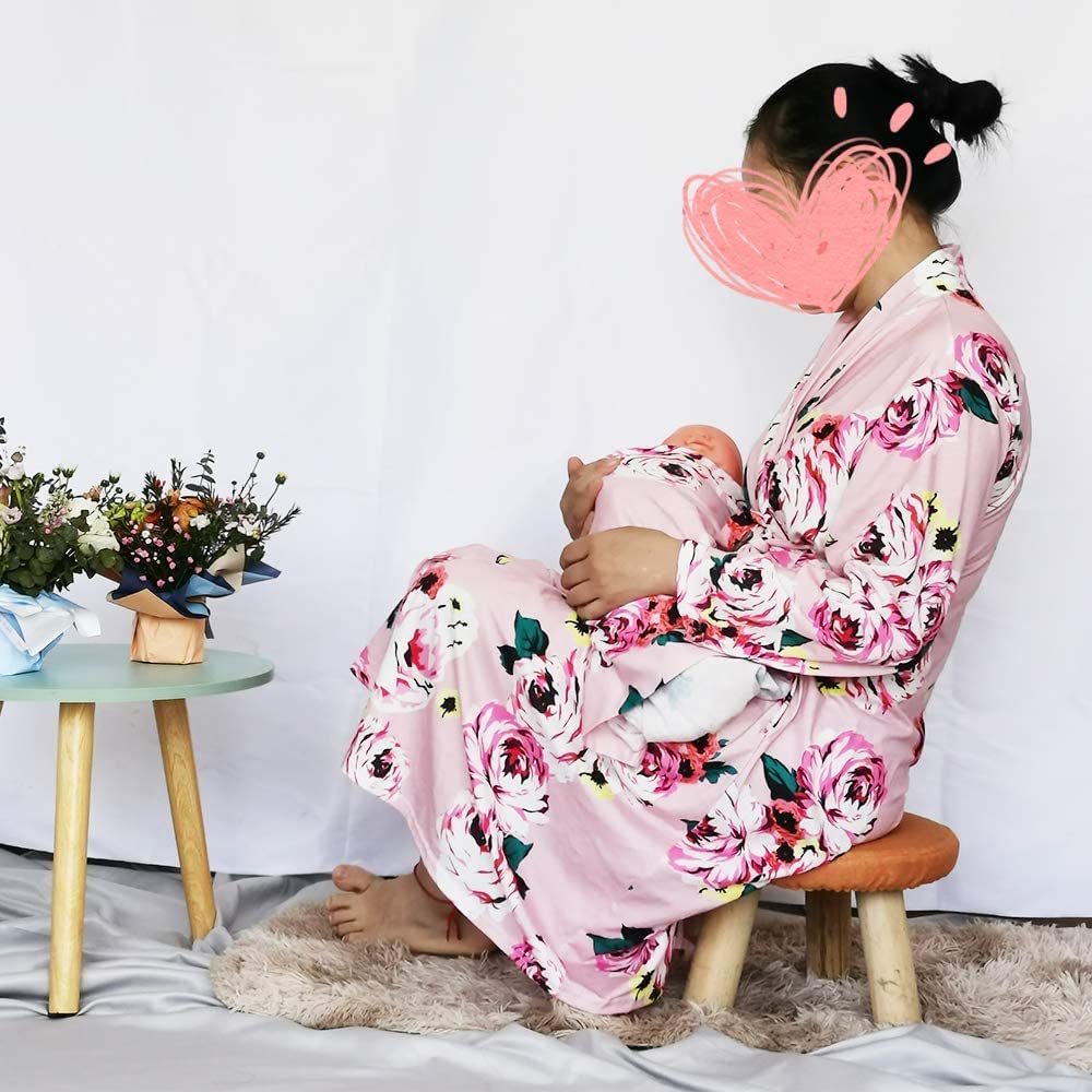 SUFEINI Maternity Robes and Matching Swaddle Blanket Set, Women Mommy Postpartum Robe Hospital Labor and Delivery Gown