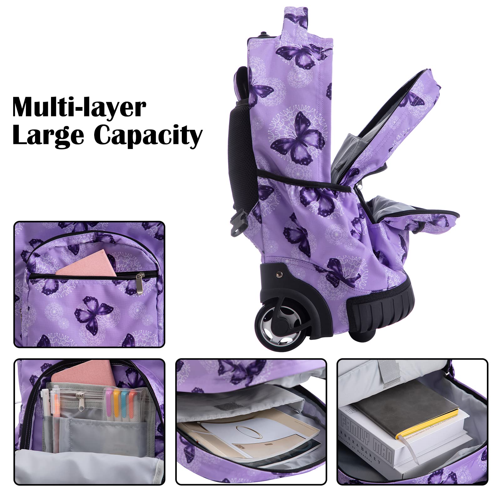 SKYMOVE 18 inches Wheeled Rolling Backpack Multi-Compartment Elementary Books Laptop Roller Bag Short Trip Carry-on for Women and Girls, Purple Butterfly
