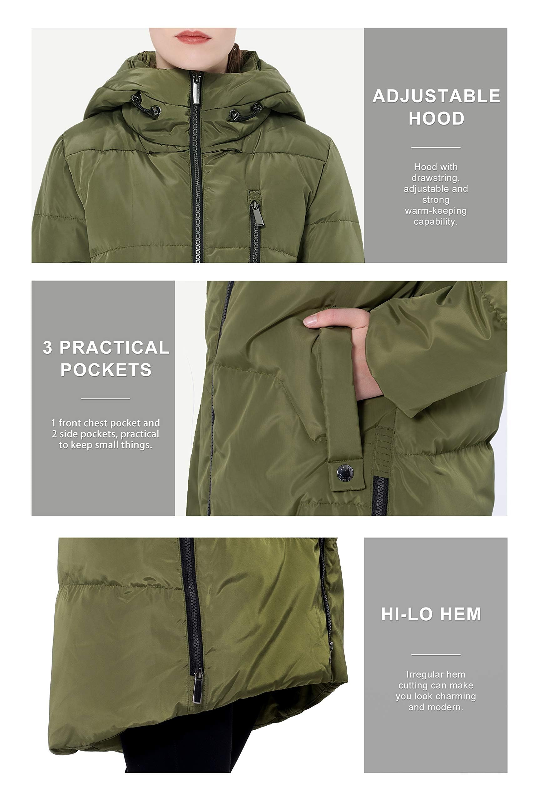Orolay Women's Stylish Down Hooded Jacket with Two-Way Zipper Winter Down Coat Puffer Jacket Army Green M