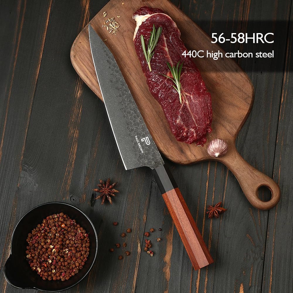 Paul Brown's™ 8 inch 440C High Carbon Stainless Kiritsuke Knife Forged Hammer Pattern with Mahogany Wood Handle and Ashwood Saya