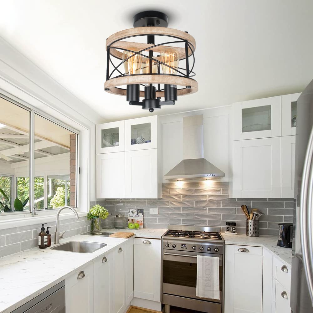Round Rustic Semi Flush Mount Ceiling Light, Wood Farmhouse Kitchen Light Fixture Black Metal Industrial Bathroom Bedroom Cage Ceiling Lighting 3 Lights Edison E26 17121B