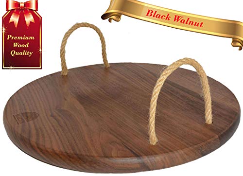 WALUX Organic Black Walnut Wood Cheese Board with Handle (14"), Charcuterie Platter & Serving Tray for Wine, Crackers, Brie and Meat. Rustic Black Walnut Serving Board, Round Cheese Board