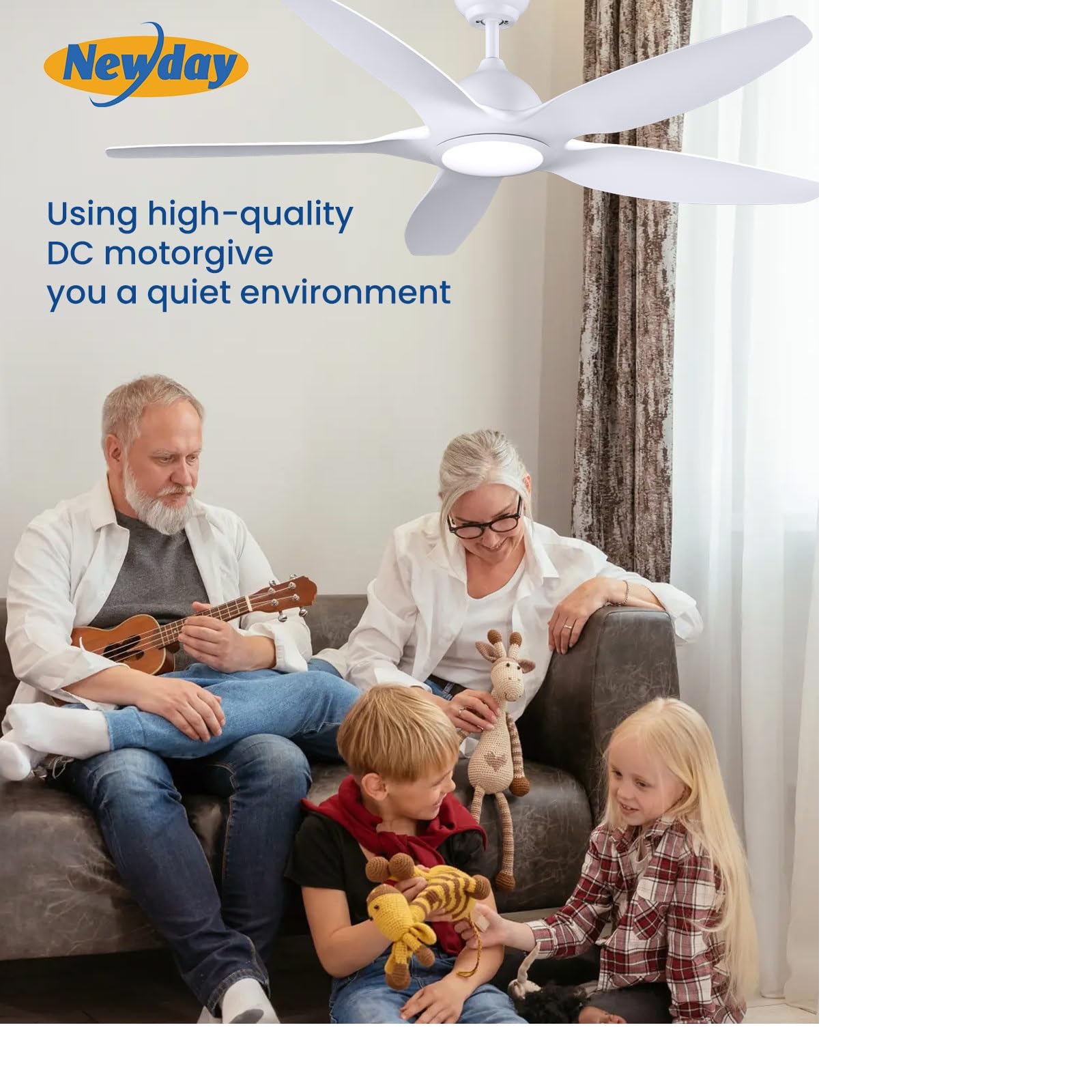 Newday 60" White Ceiling Fans with Light and Remote, Modern, Noiseless Reversible DC Motor, Large Indoor, Kitchen, Bedroom, Living Room