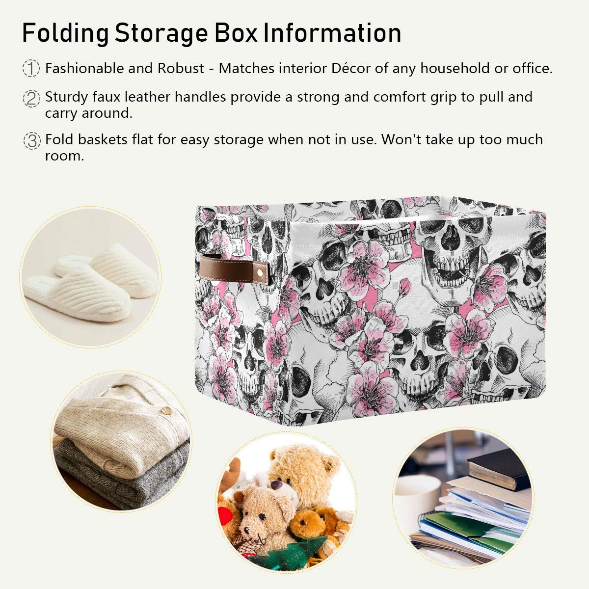 Skull and Cherry Blossoms Dog Toy Baskets Canvas Collapsible Box Chest Organizer for Laundry Hamper Toy Bins Gift Baskets Bedroom Clothes Baby