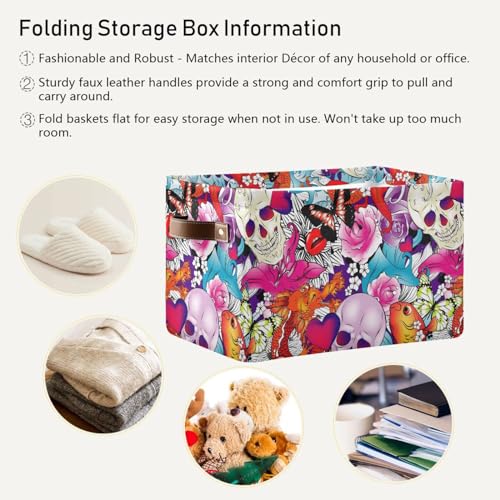 Skull Flowers Butterflies Storage Basket Bins Foldable Toy Baskets Organization with Handles Laundry Hamper for Home Boys Girls Office Closet Shelf Nursery Baskets,1 pcs