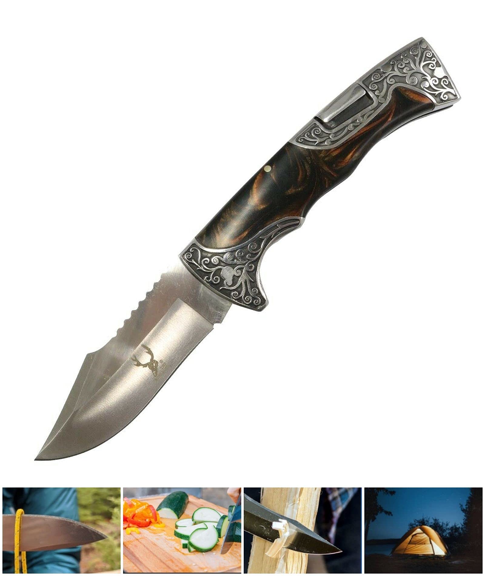 Theboneedge 9" Marble Handle Engraved Design Open Folding Pocket Knife 3cr13 Steel Outdoor Survival Hunting Knife for Camping by Survival Steel