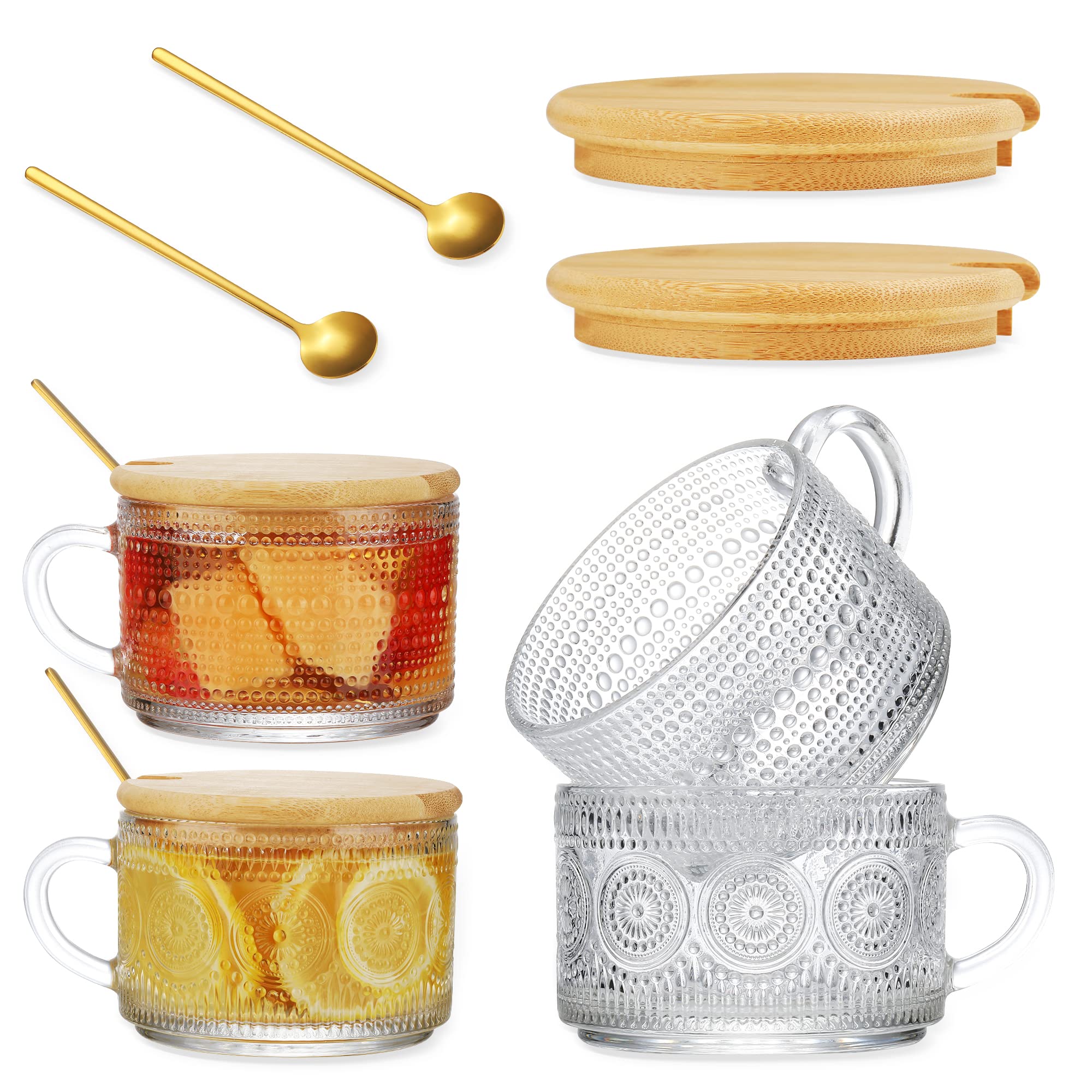 Newpow Vintage Coffee Mugs Set of 4, Glass Cups Overnight Oats Containers with Bamboo Lids and Spoons, Cute Coffee Bar Accessories, Iced Coffee Glasses - Clear 13oz