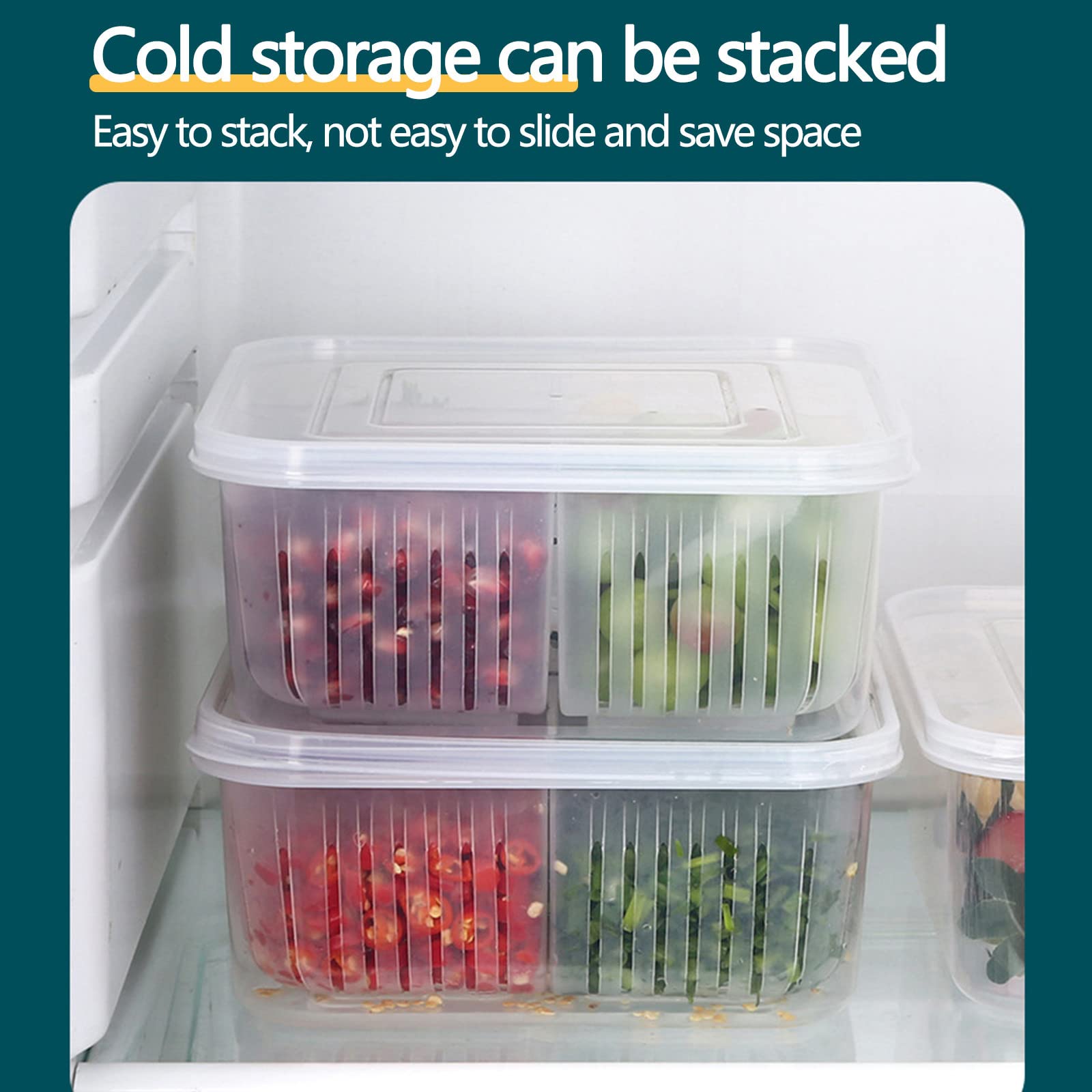 WOHSAO Storage Containers Square Handle Food Storage Organizer Boxes with Lids for Refrigerator, Food Storage Box, Food Storage Containers with Lids, Four-Grid Containers for Ginger Slice