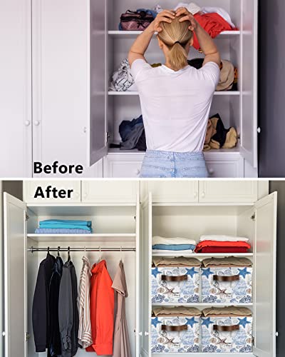 Storage Bins, Nautical Theme Marine Sail Boat Beach Starfish Shell Seashell Storage Baskets for Organizing Closet Shelves Clothes Decorative Fabric Baskets Large Storage Cubes with Handles