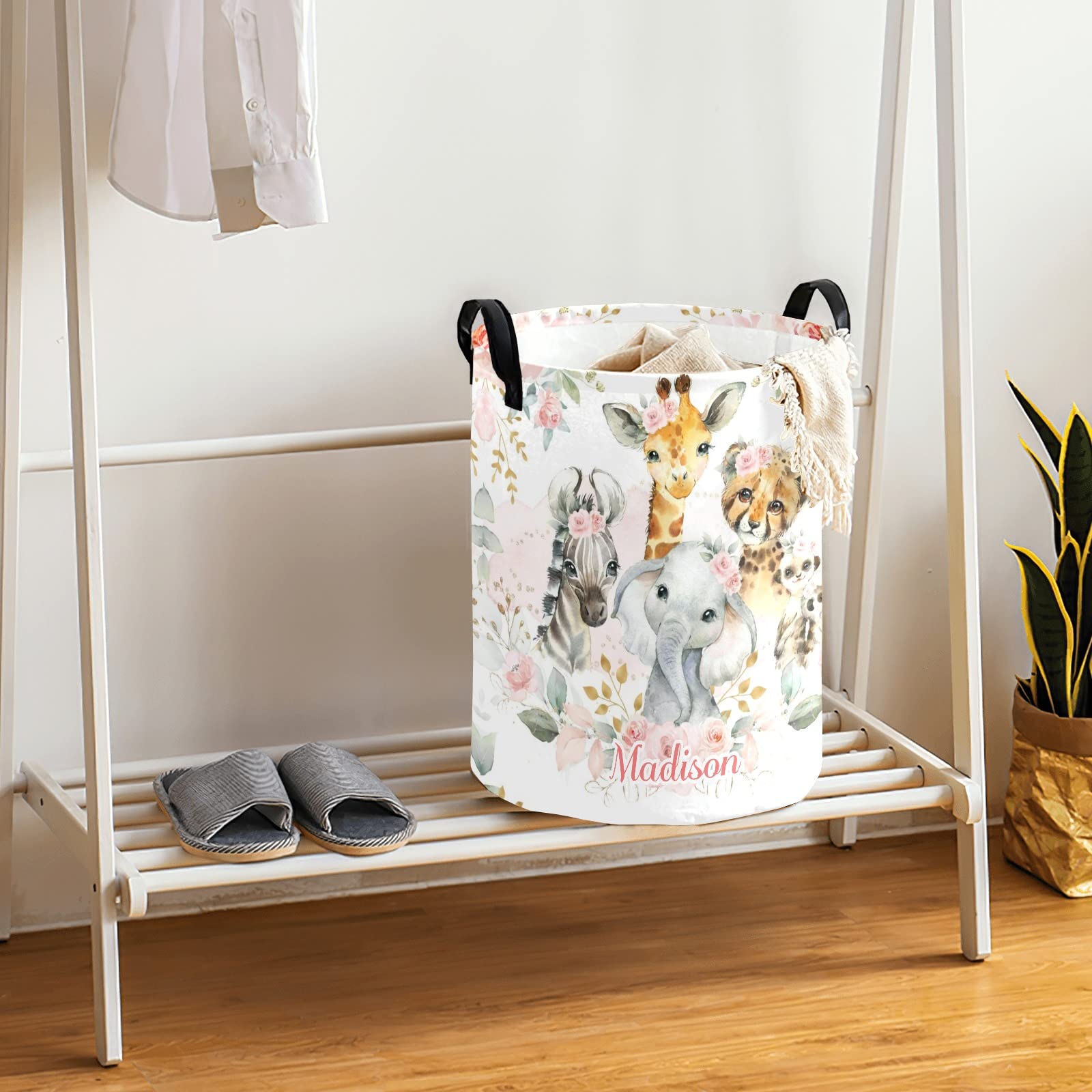 Safari Animals Floral Personalized Laundry Hamper,Custom Name Collapsible Waterproof Laundry Basket Storage Bins with Handle for Clothes,Toy,Nursery