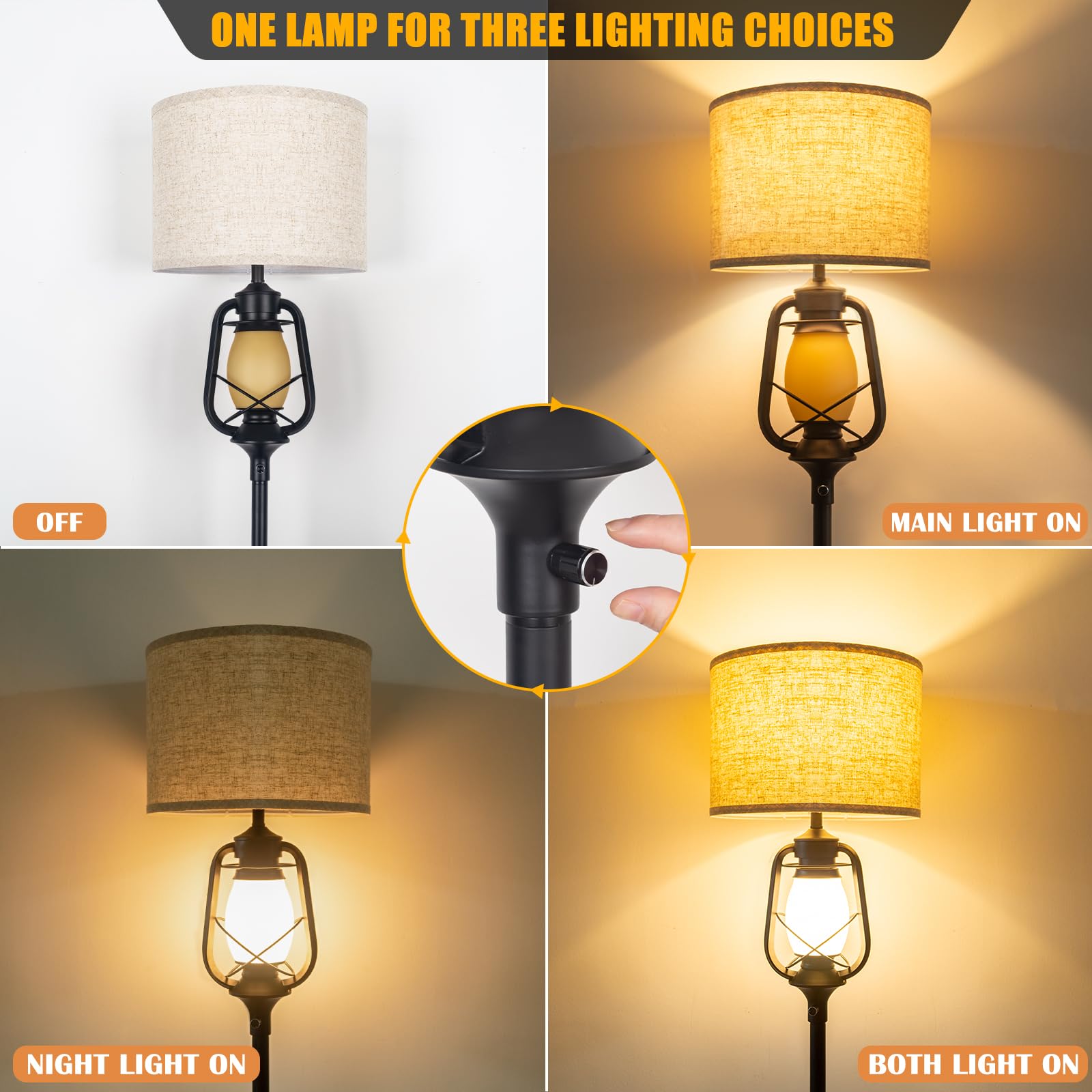 Rustic Farmhouse Floor Lamp with LED Night Light, 2-Light Tall Standing Lamp, Vintage Pole Light with Beige Linen Drum Shade,Industrial Black Stand Up Lamp for Bedroom, Living Room, Reading, Office