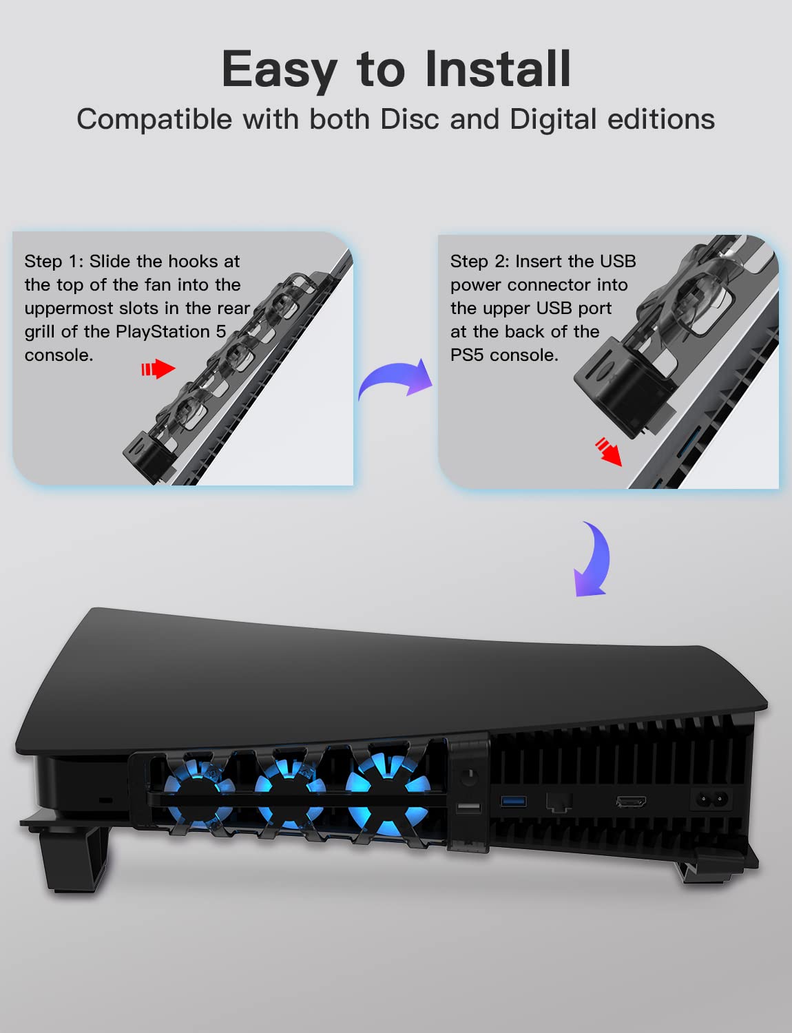 NexiGo PS5 Horizontal Stand with Slient Cooling Fan, [Auto On/Off], [Minimalist Design], Compatible with Playstation 5 Disc & Digital Editions, Built-in LED Light, Extra USB Port, Black
