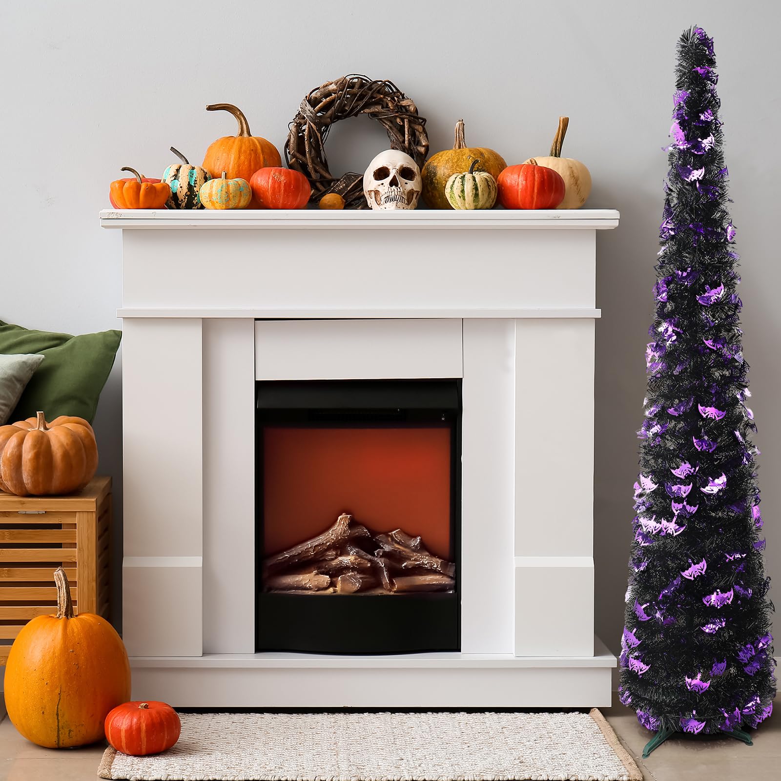 Therwen 5 FT Halloween Tree Halloween Artificial Black Tree with 50 LED String Lights Timer Bat Purple Pencil Collapsible Tinsel for Holiday Party Halloween Festival Home Decoration