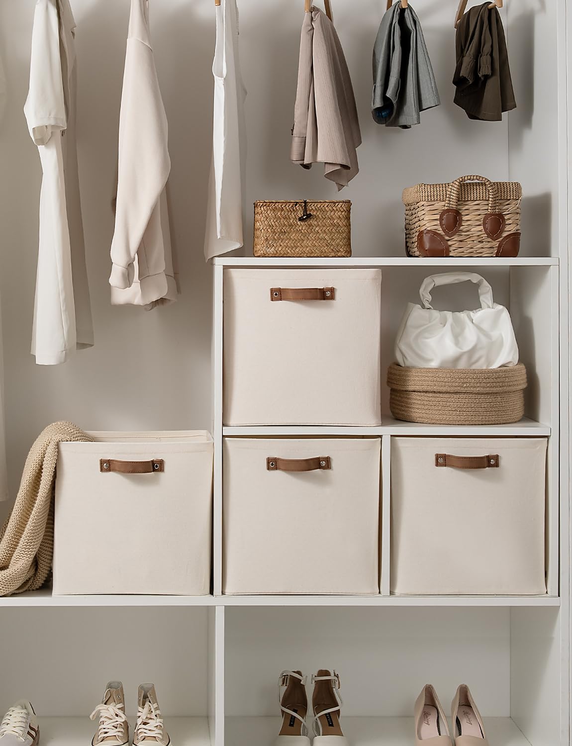 StorageWorks 13x13 Storage Cubes, Collapsible Storage Bins Organizer for Closet, Fabric Storage Box with PU Handles, Beige, 4-Pack